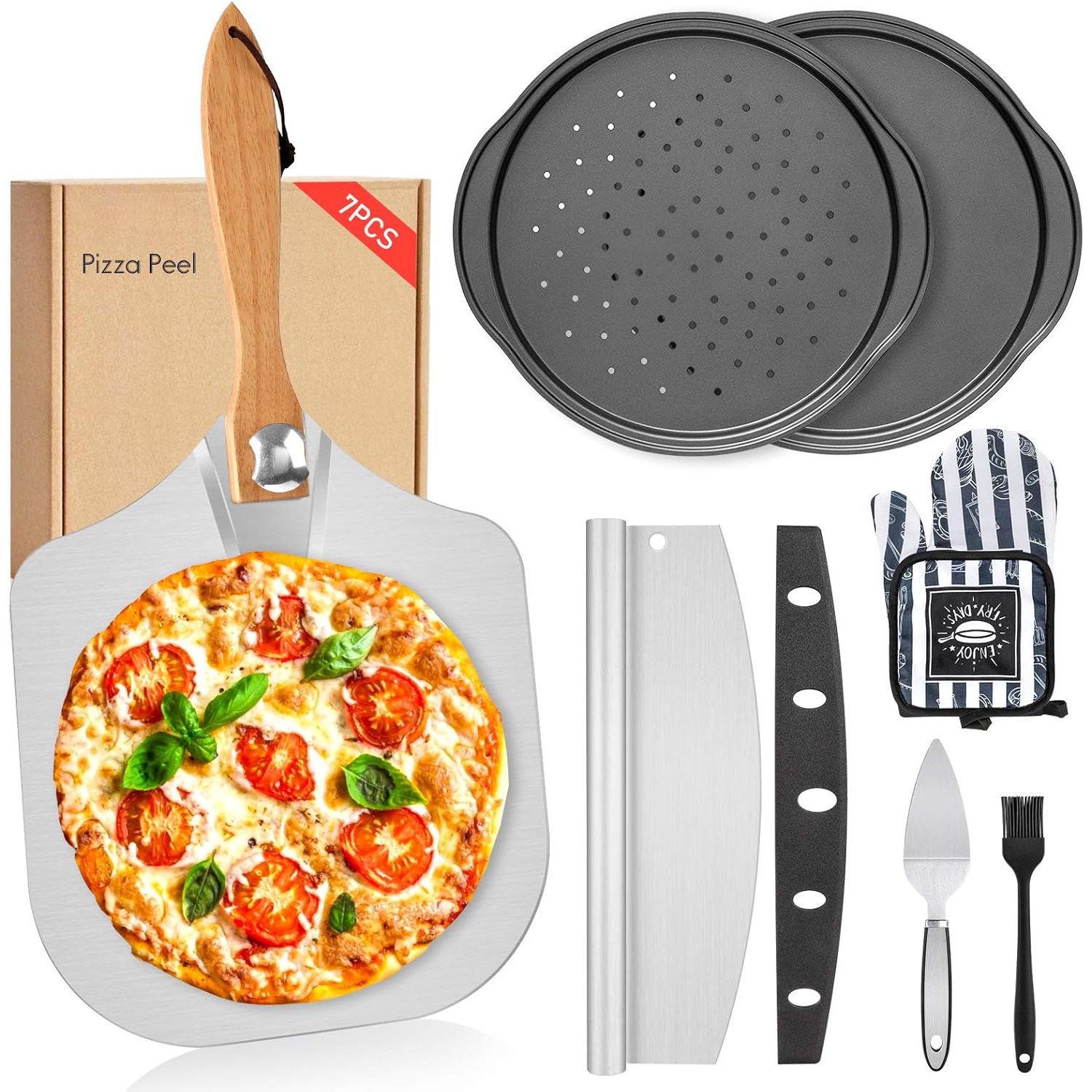 TIFONE 7-Piece Pizza Peel & Pan Set - 12"×14" Metal Paddle with ...