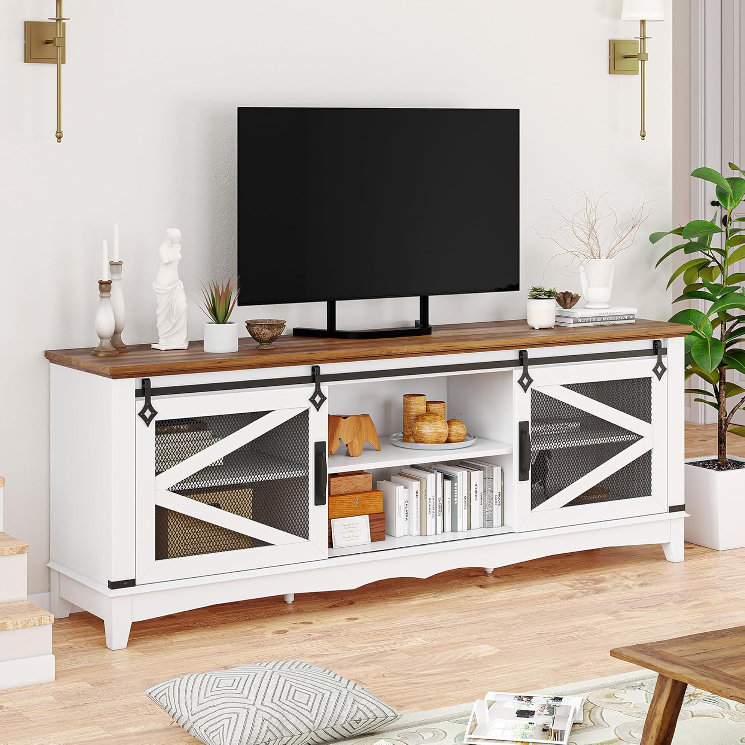 Gracie Oaks Farmhouse TV Stand 75 Inch Entertainment Center White TV ...