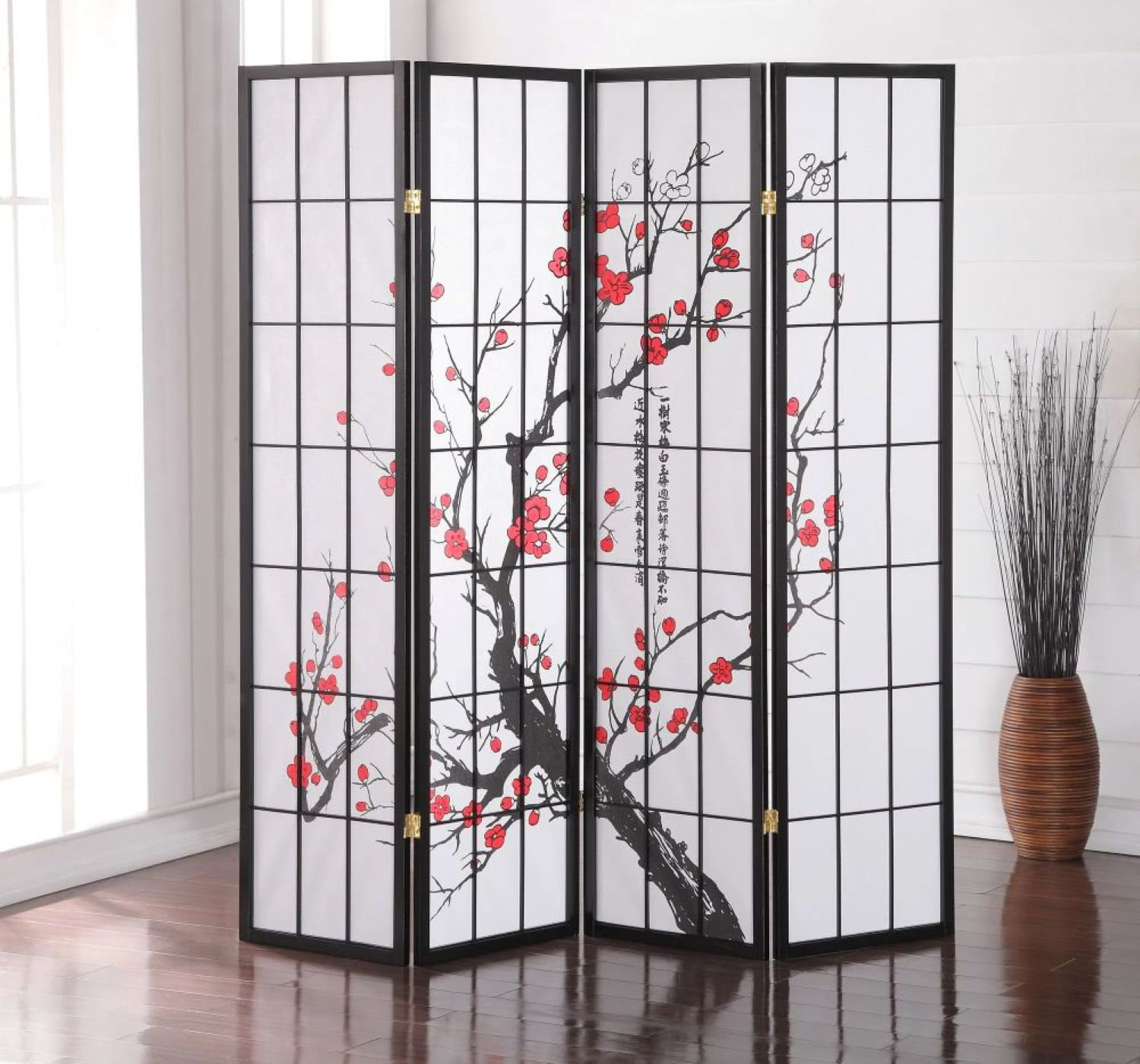 Astoria Grand Black Japanese 4-Panel Screen Room Divider, Plum Blossom ...