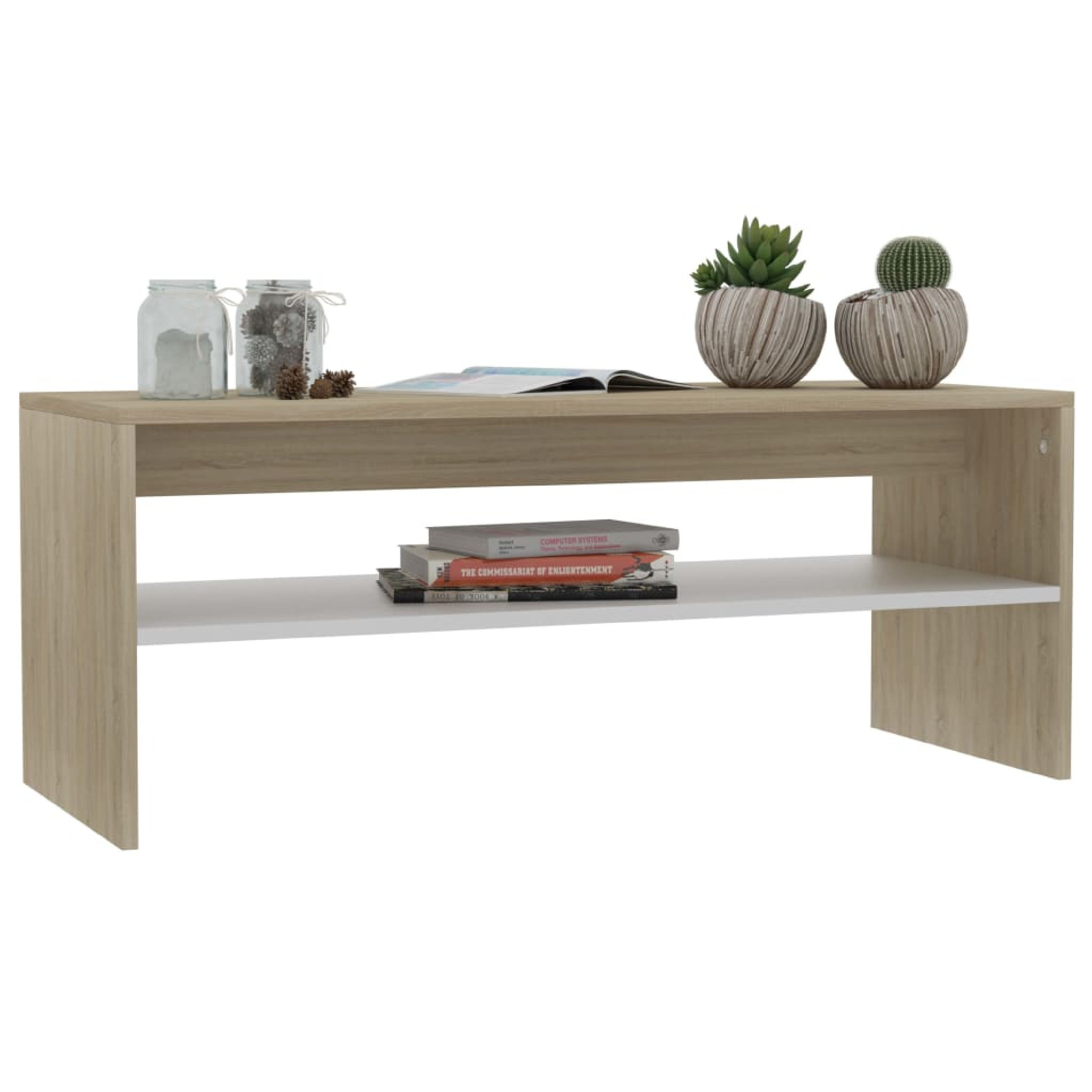 Benjara 39 Inch Coffee Table W Shelf, Rectangular, Oak Beige And White ...