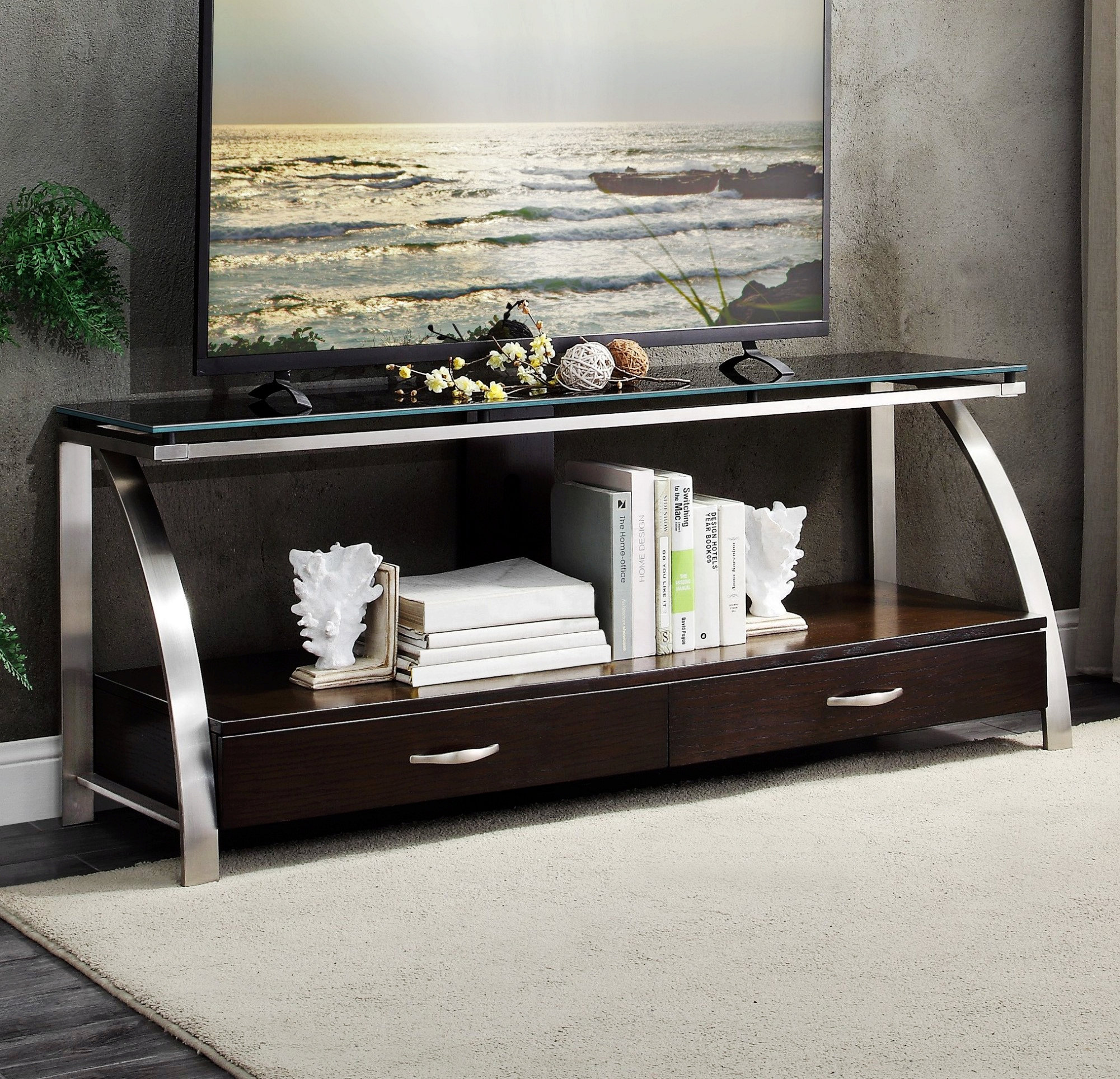 Orren Ellis TV Stand With Glass Top, Stainless Steel Frame TV Stand For ...