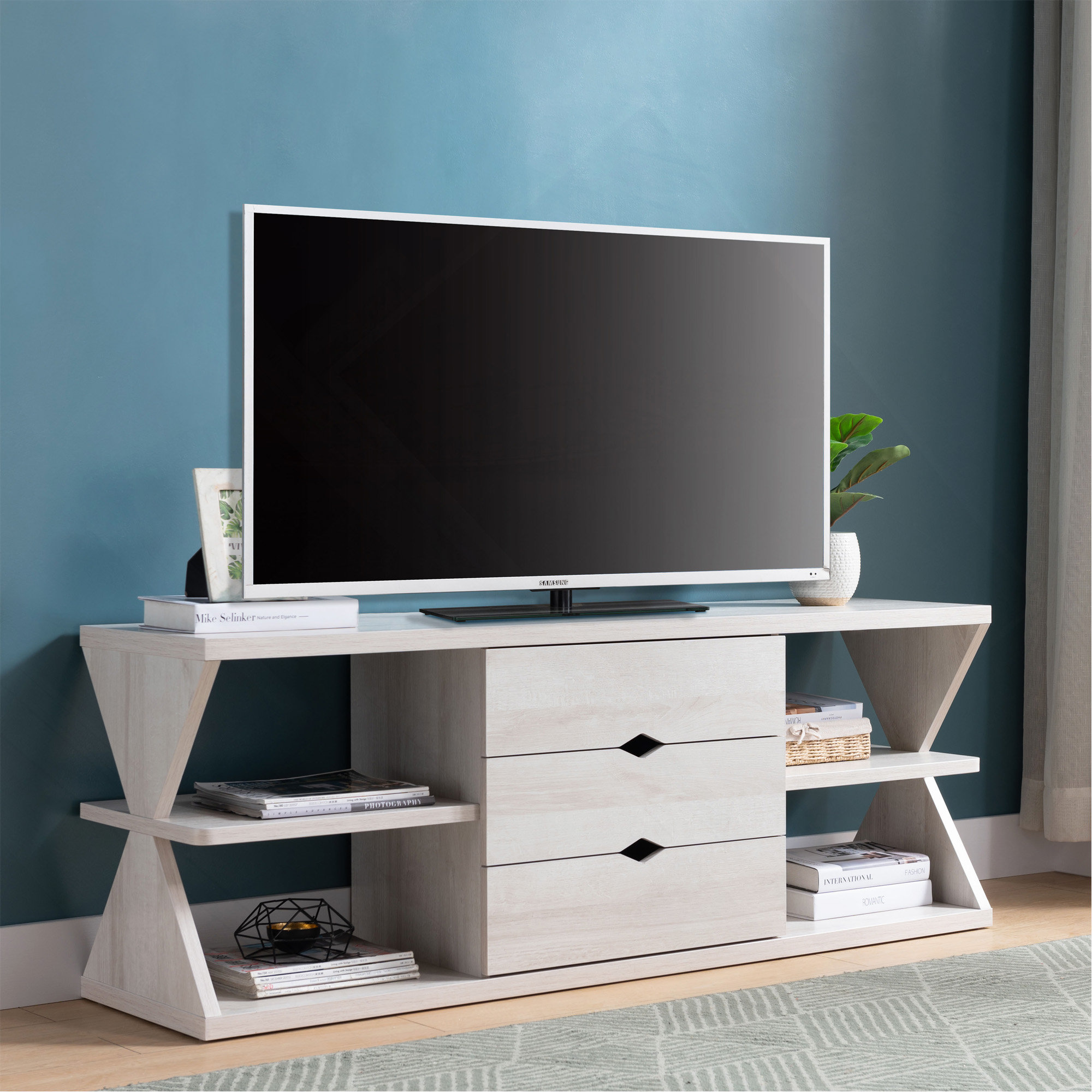 Ebern Designs Modern TV Stand With Four Open Shelves And Three Storage ...