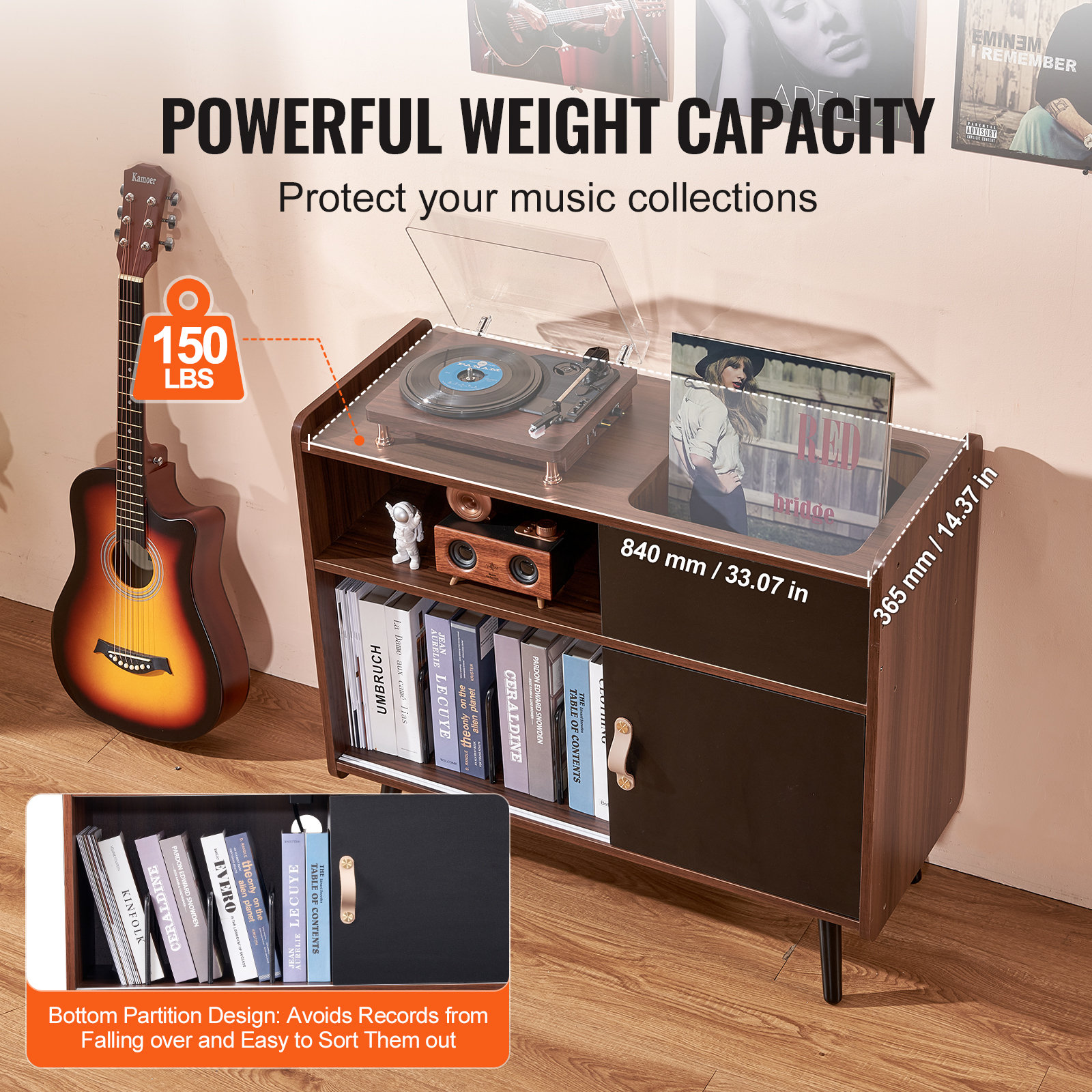 VEVOR Record Player Stand 3-Tier Wooden Turntable Stand Sliding Door ...