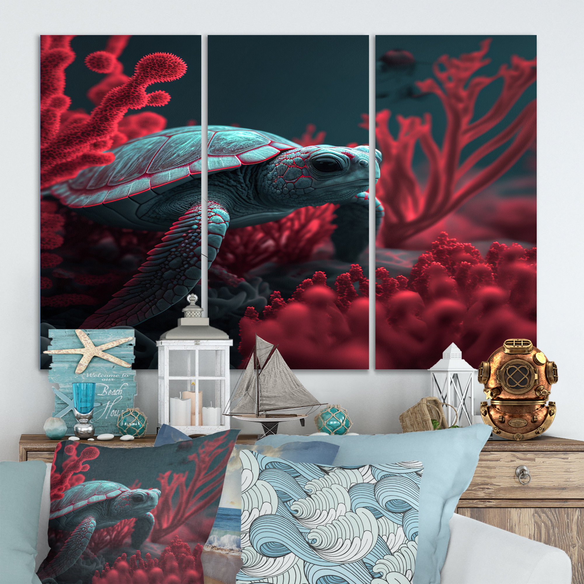 Highland Dunes Black And Red Deep Sea Turtle III - 3 Piece Print on ...