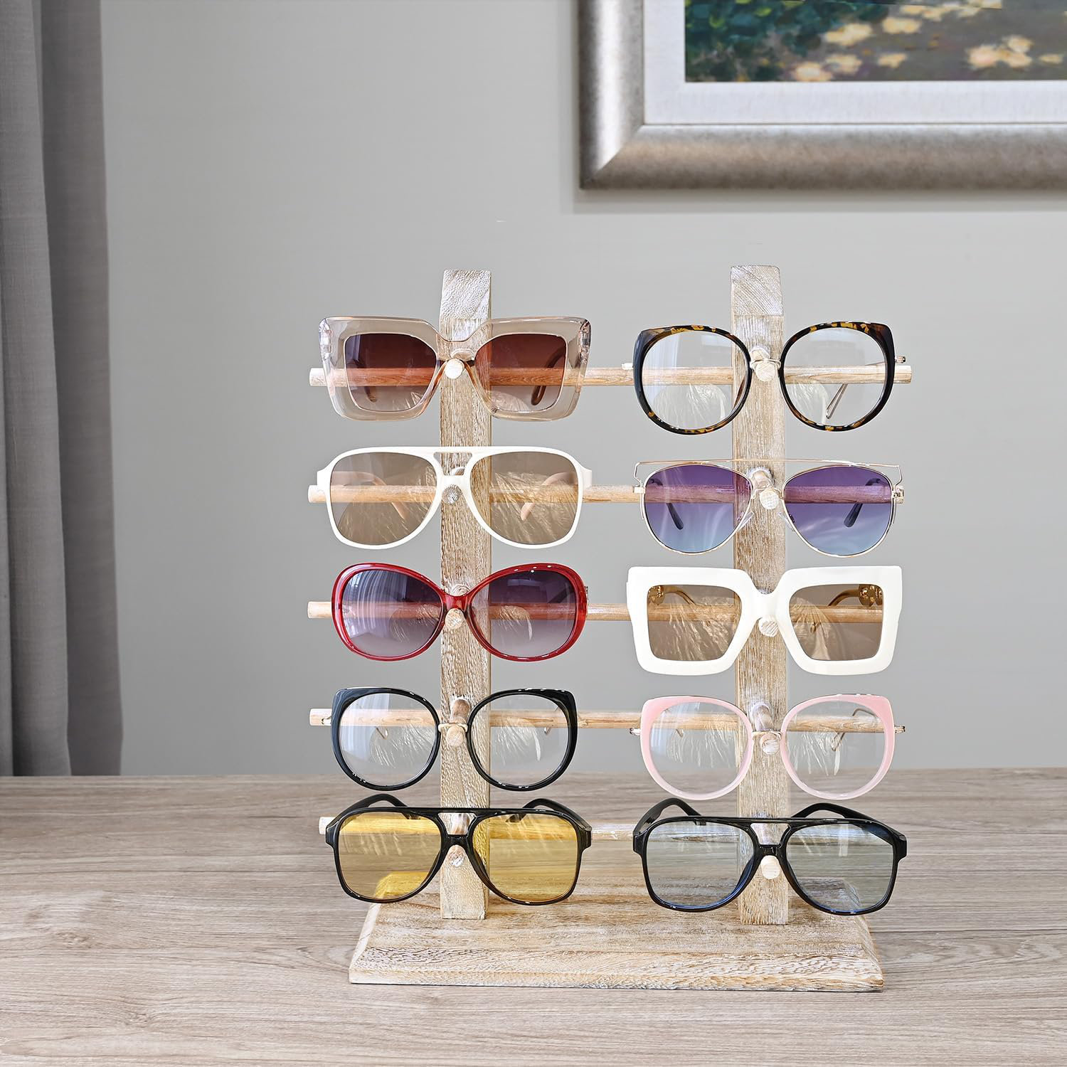 Gracie Oaks Wooden Sunglasses Rack Organizer, 10 Pairs Eyewear Display ...
