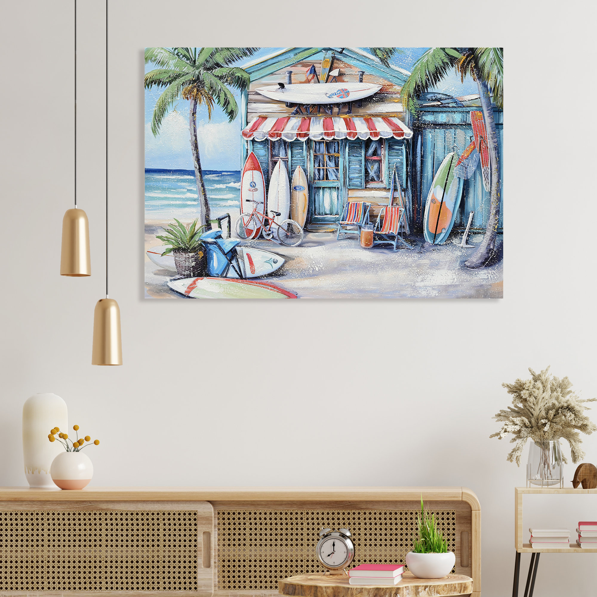 Breakwater Bay Blue Beach House Surfboard Coconut Tree Ocean Wall Art ...