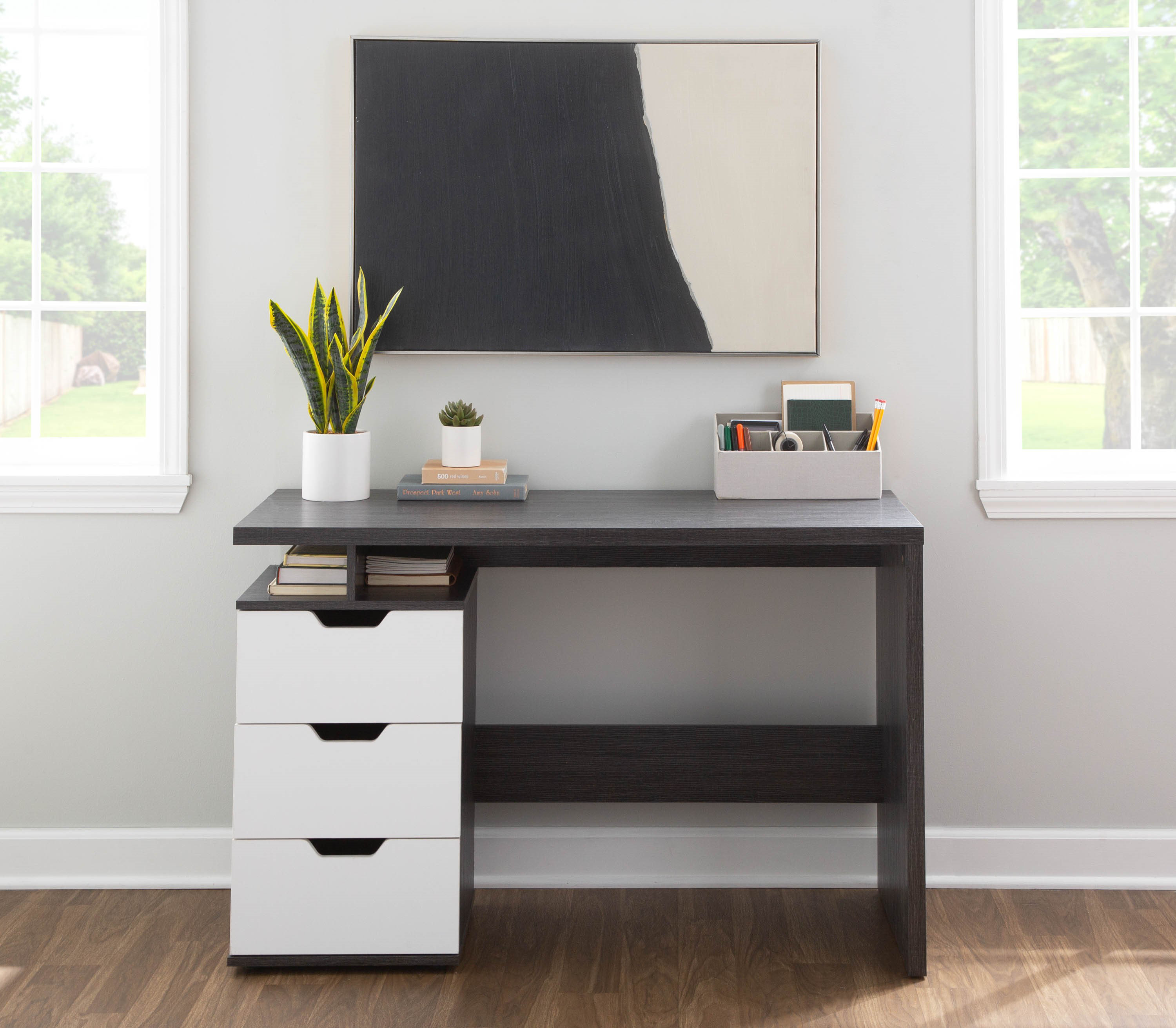 Latitude Run® Quinn Contemporary Desk In Charcoal Wood With White Wood ...