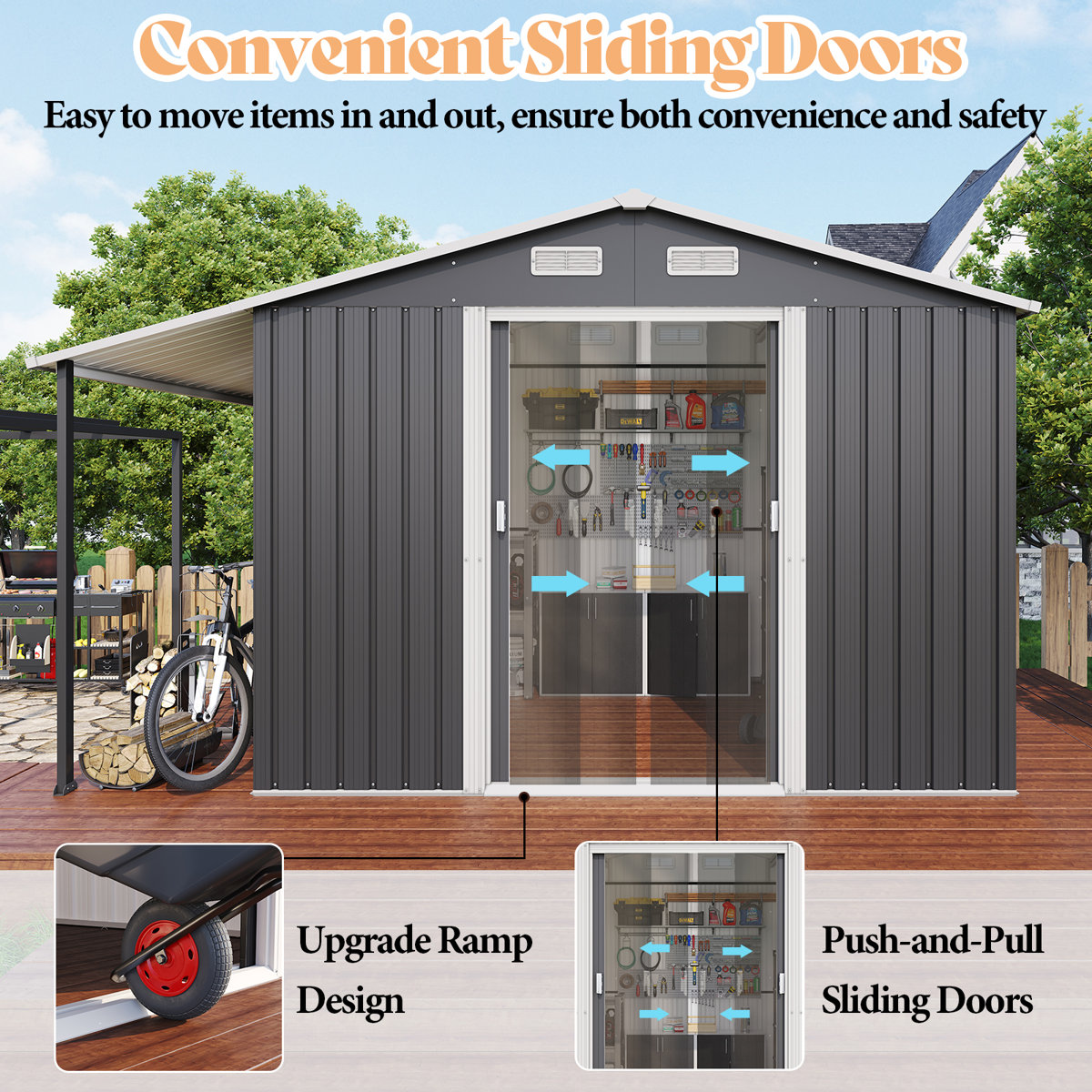 AMERLIFE Outdoor Storage Shed, Metal Shed with Sliding Doors Two 4-Pane ...