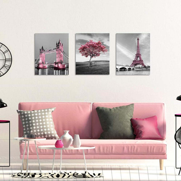17 Stories Pink Paris Eiffel Tower Wall Art - 3 Piece Canvas Prints ...