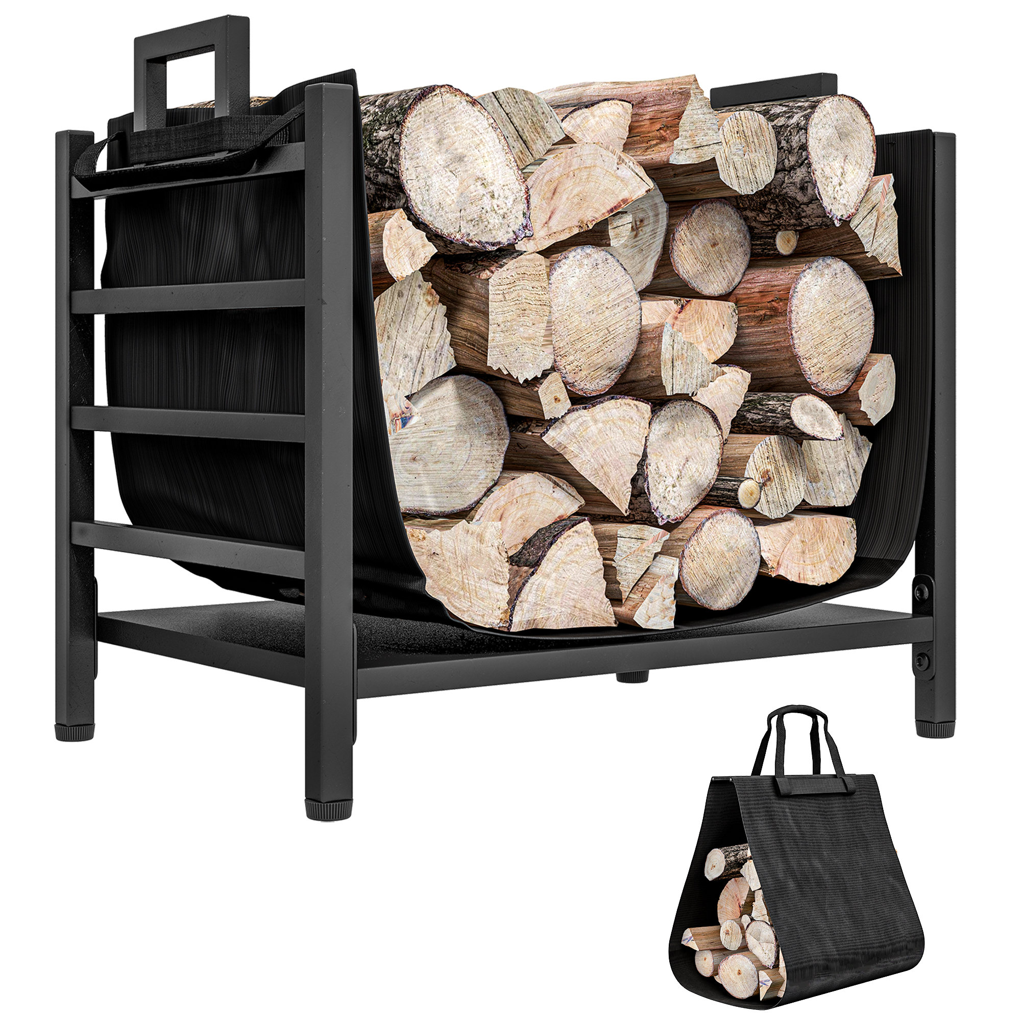 Arlmont & Co. 19" Firewood Rack Outdoor with Carrier, Metal Wood ...