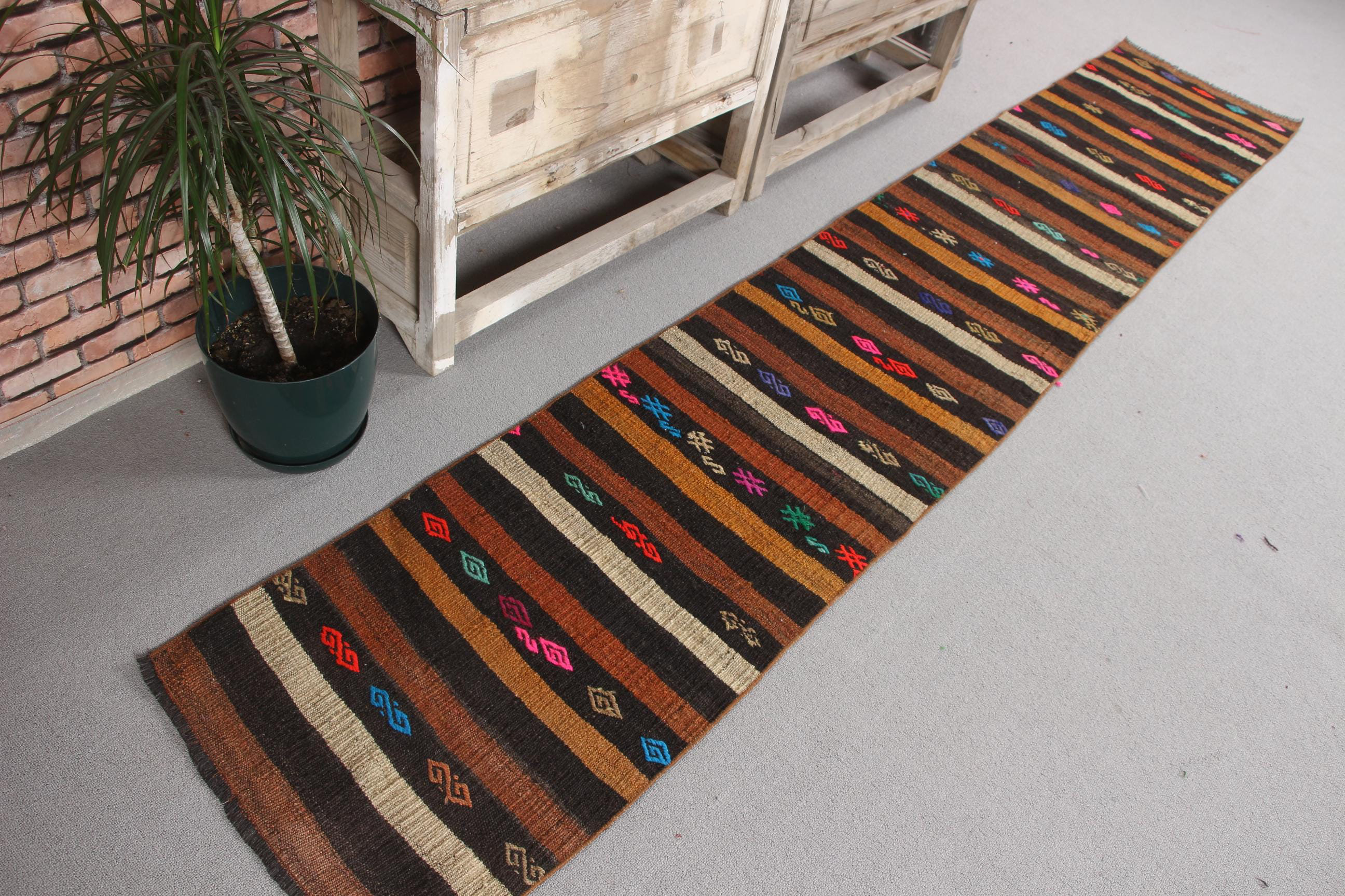 Foundry Select Antique Turkish Kilim Runner Rug in Black and Striped ...