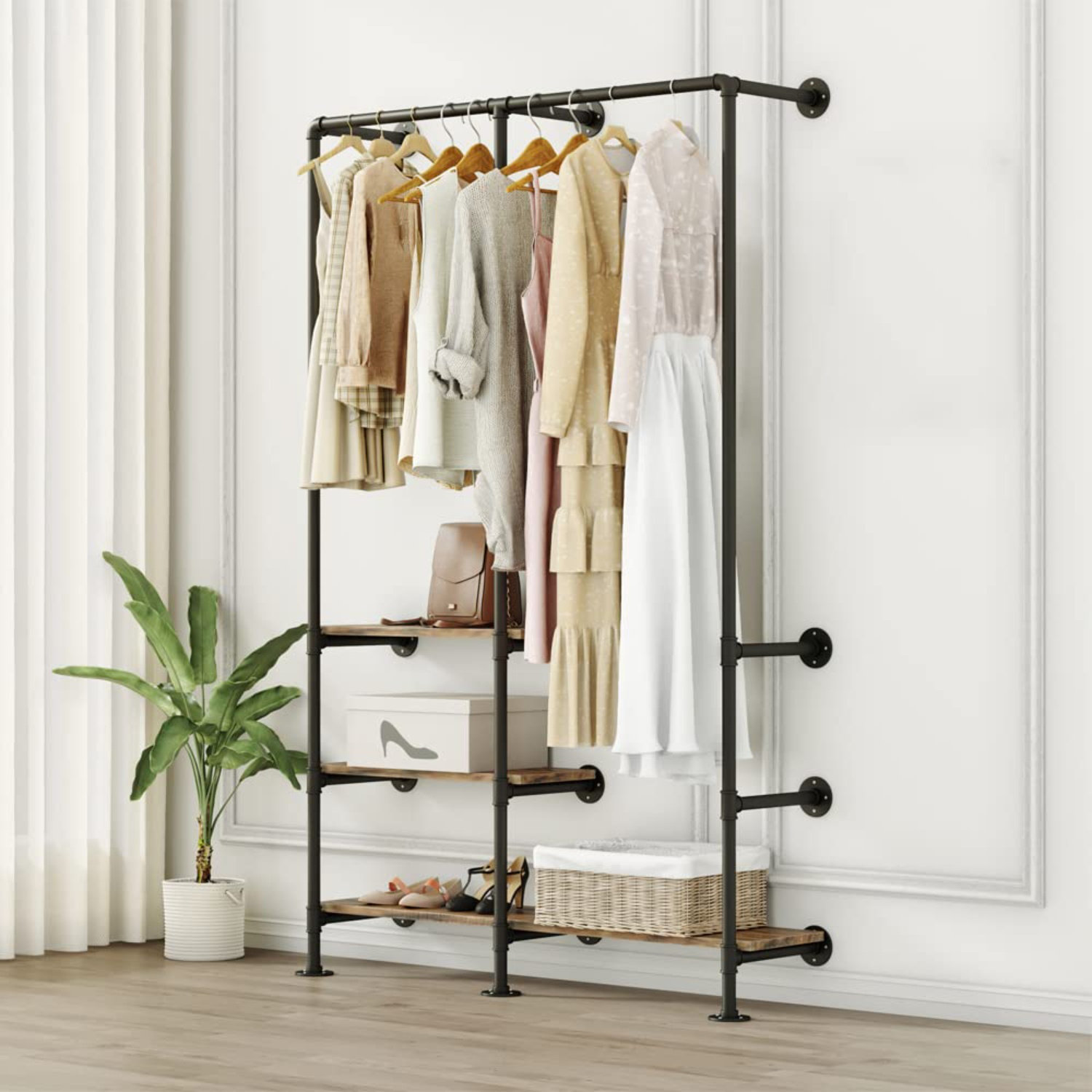 17 Stories Industrial Wall Mounted Clothes Rack, Black Double Hanging ...