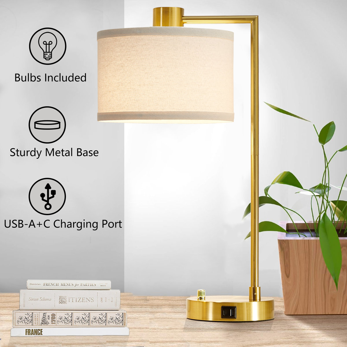 Mercer41 Navreet Table Lamp Set with USB C+A Charging Ports Fully ...