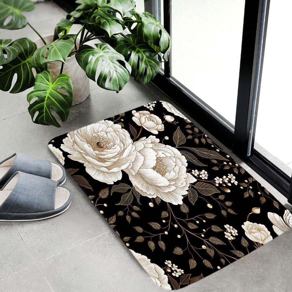 Lark Manor™ Black And Gold Bathroom Rugs, Dark Roses Leaves Botanical ...
