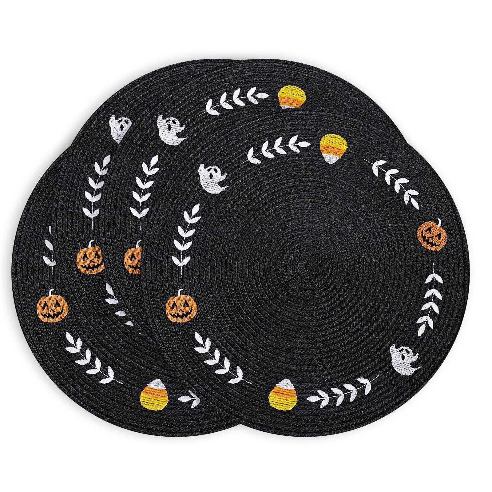 COEN Set of 4 Round Halloween Placemats – Embroidered Ghost, Pumpkin ...