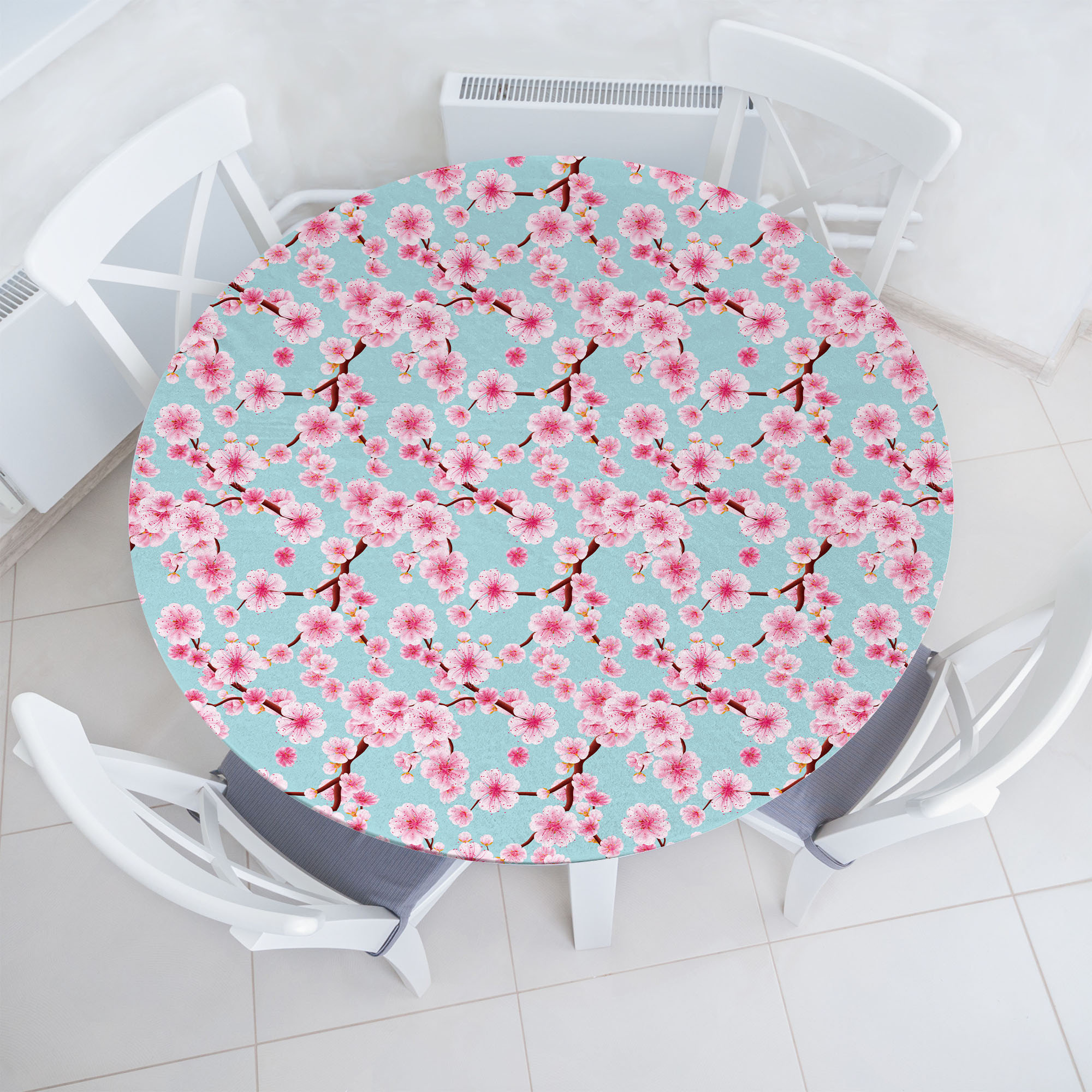 East Urban Home Cherry Blossom Fitted Round Tablecloth Pale Blue ...