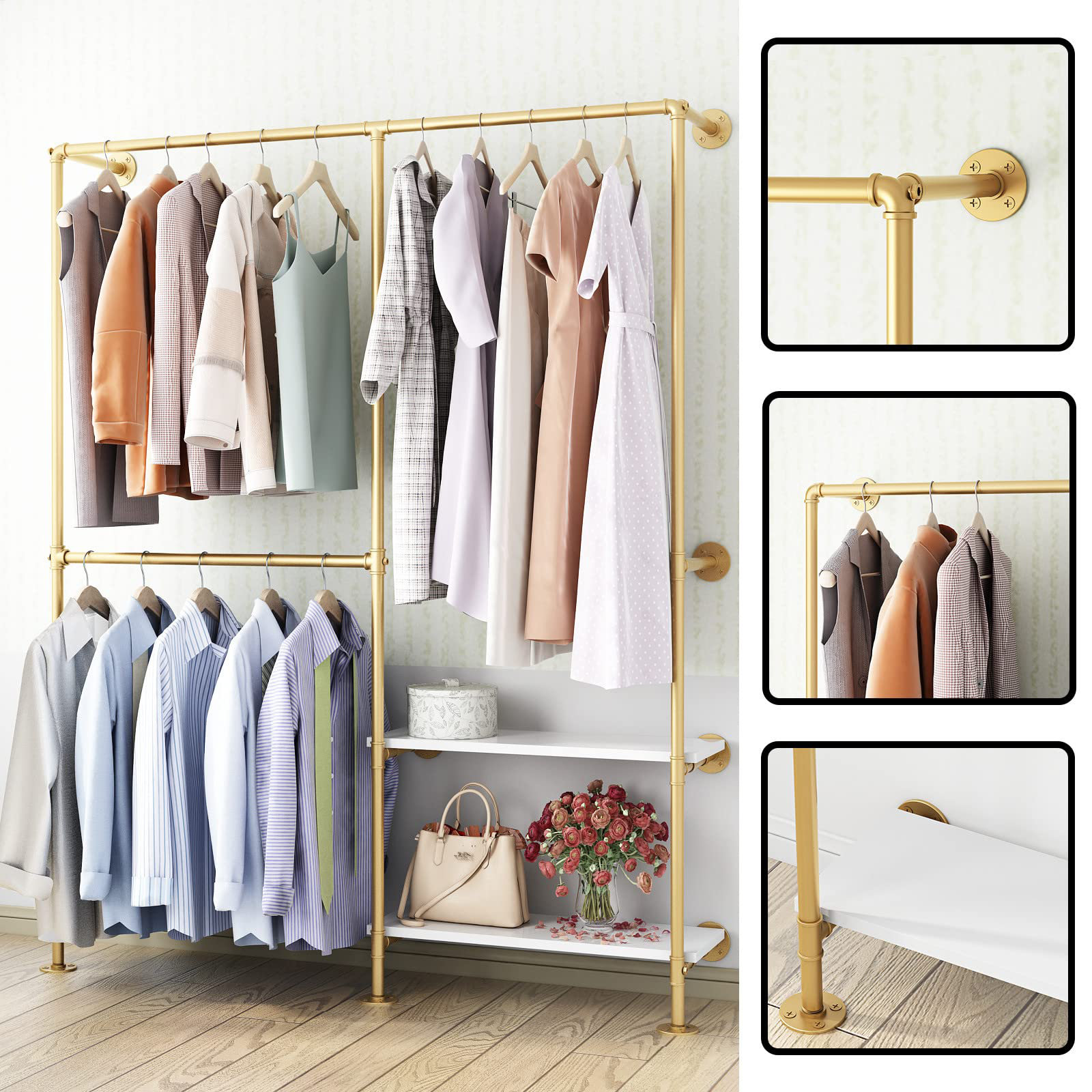 Rebrilliant Pipe Clothes Racks with White Shelves, Industrial Pipe Gold ...