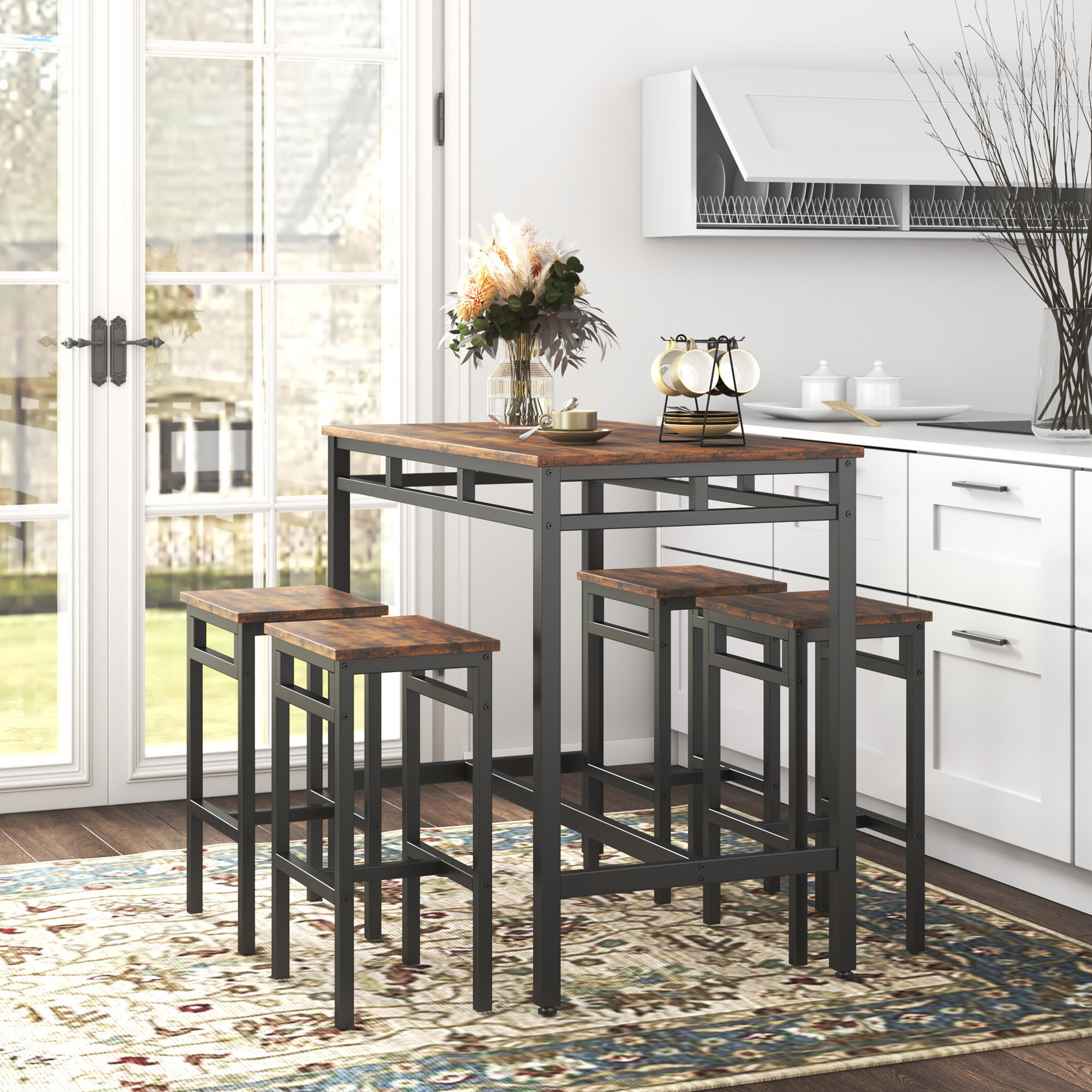 17 Stories Bar Table Set 5PC Dinging Table Set With High Stools | Wayfair