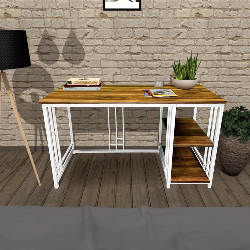 17 Stories Asymmetrical Metal Frame Walnut Finish Computer Desk with 2 ...