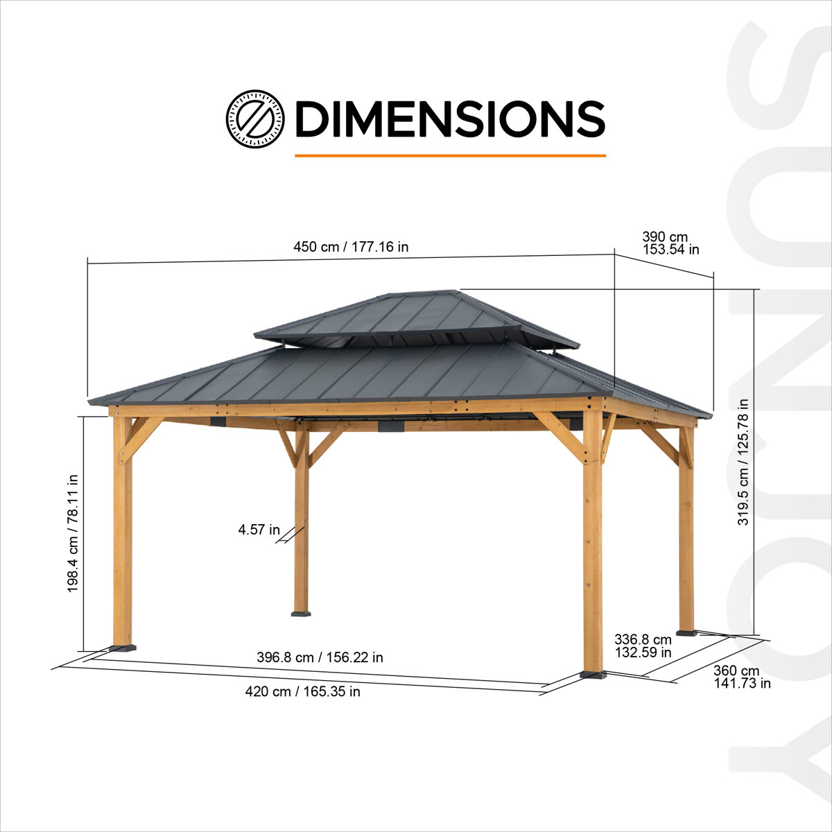 Sunjoy 3.9m x 4.5m Cedar Wooden Gazebo with Ventilated Roof, Dual Rail ...