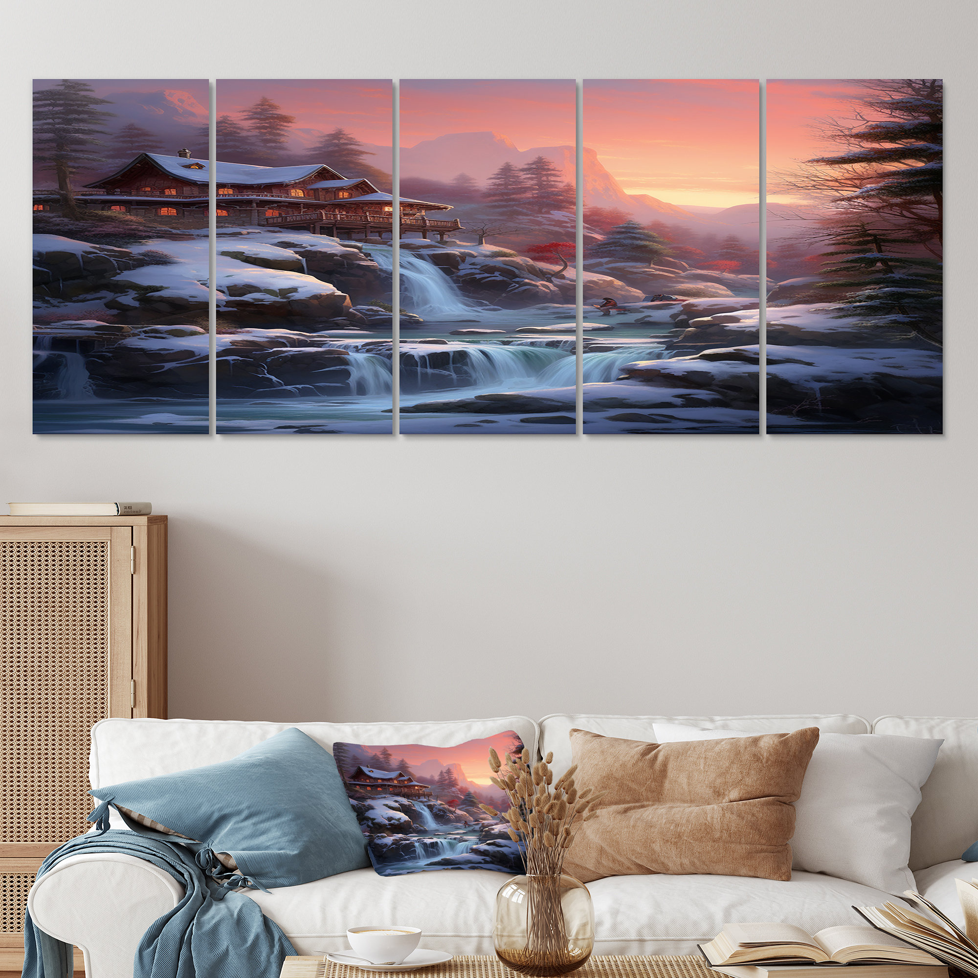 Design Art Christmas Mansion Snowy Rocks River Waterfalls - Waterfall ...