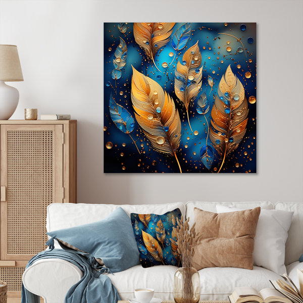 House of Hampton® Boho Glam Gold Feathres On Cosmic Blue Framed On ...