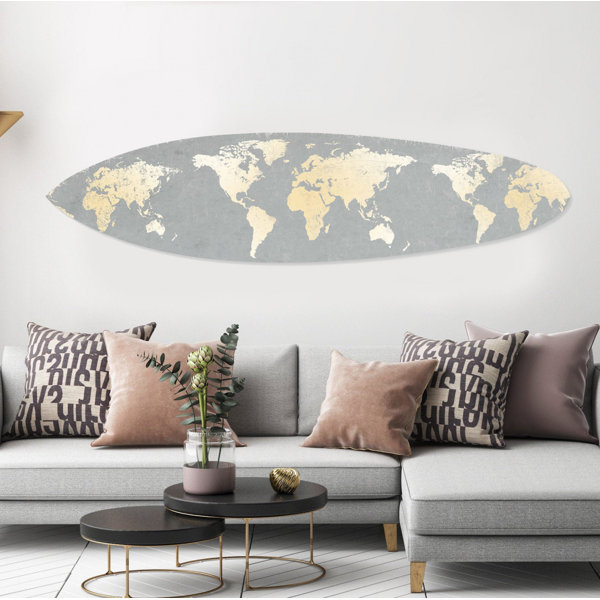 Highland Dunes 76" X 18" X 1" Grey And Gold World Map Surfboard Wall ...