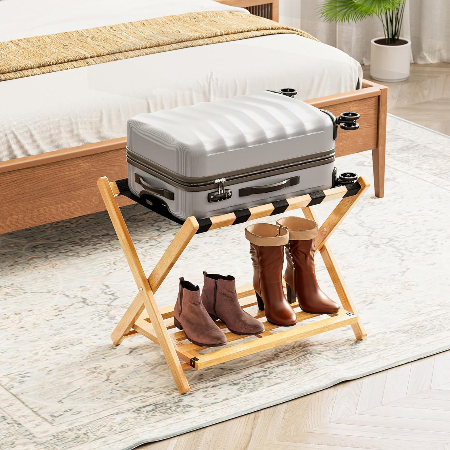 WINUAL Fully Assembled Luggage Rack 1 Pack, Bamboo Foldable Suitcase ...