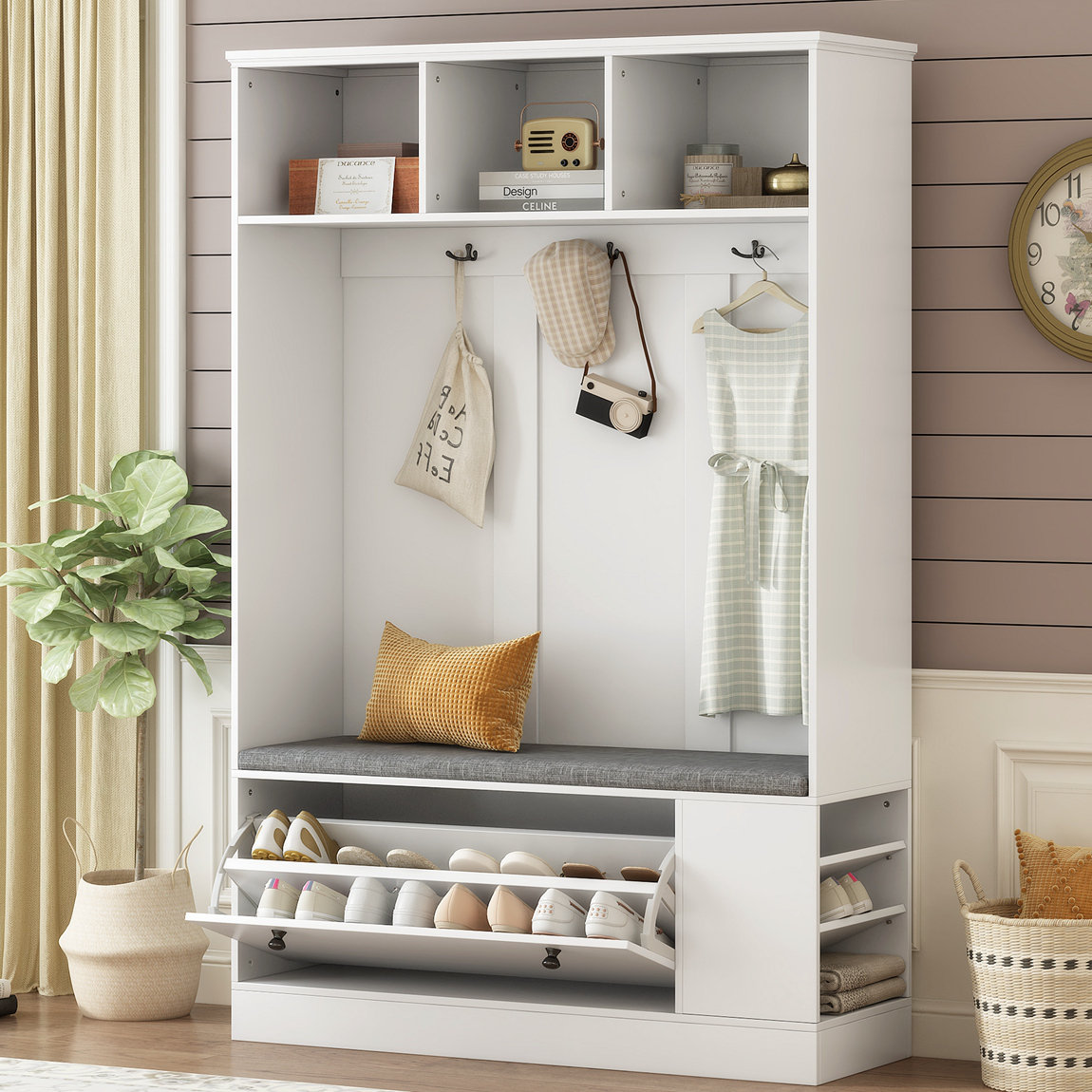 Hokku Designs Hall Tree With Bench Mudroom Storage Unit Entryway Coat