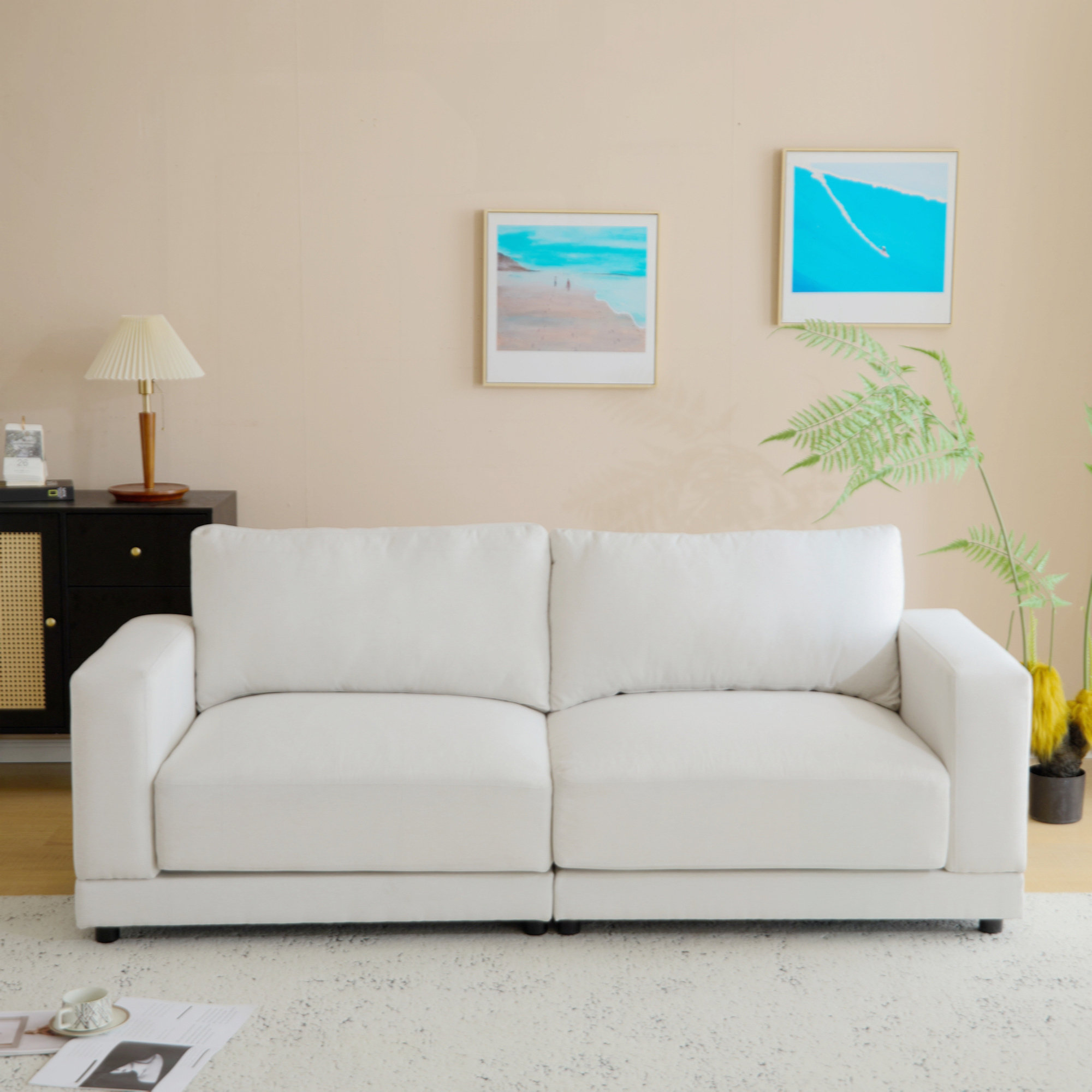 Ebern Designs 81'' Modern Square Arm Sofa | Plush Fabric Upholstery ...