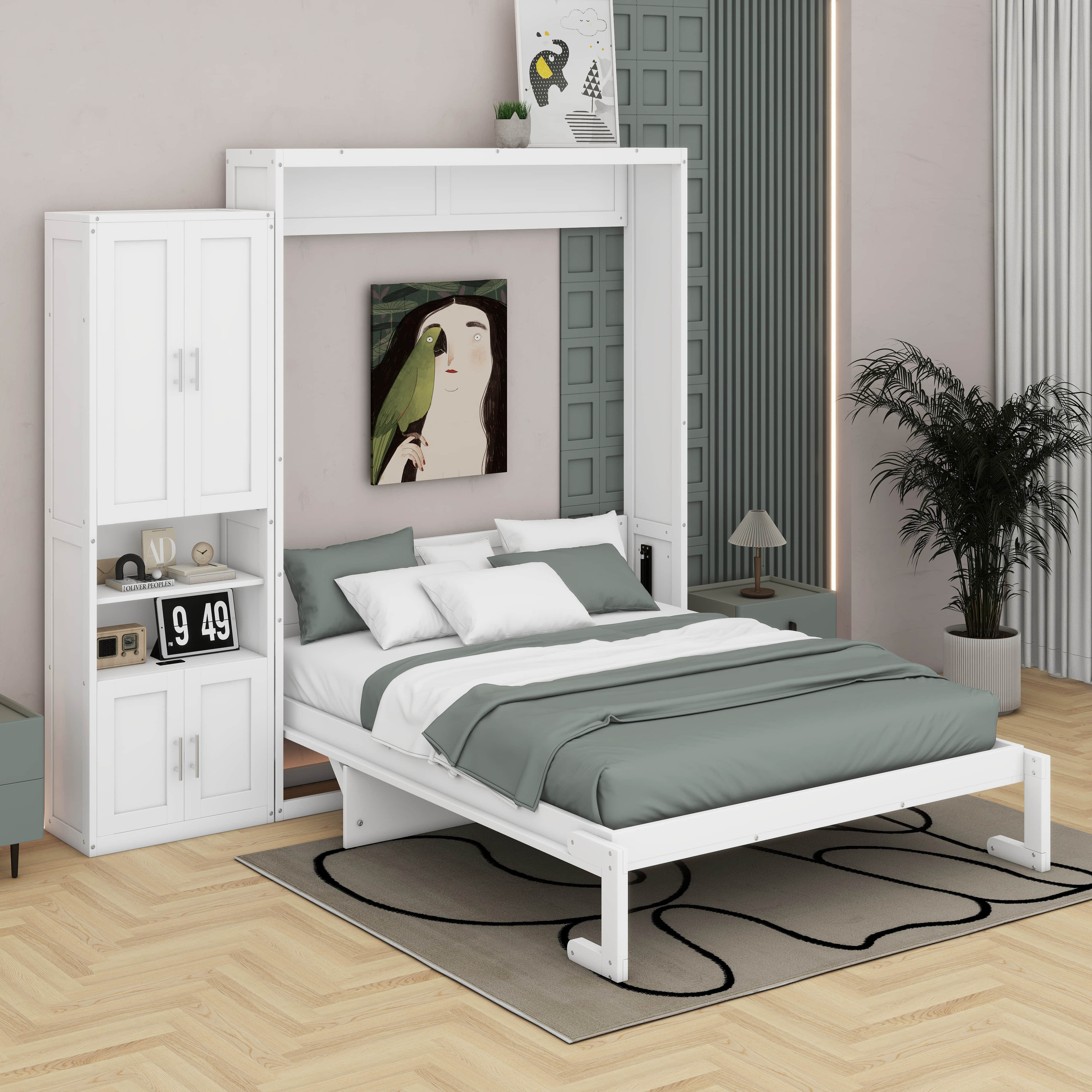 Wildon Home® Queen Size Murphy Bed With 1 Side Cabinet Storage Shelf ...