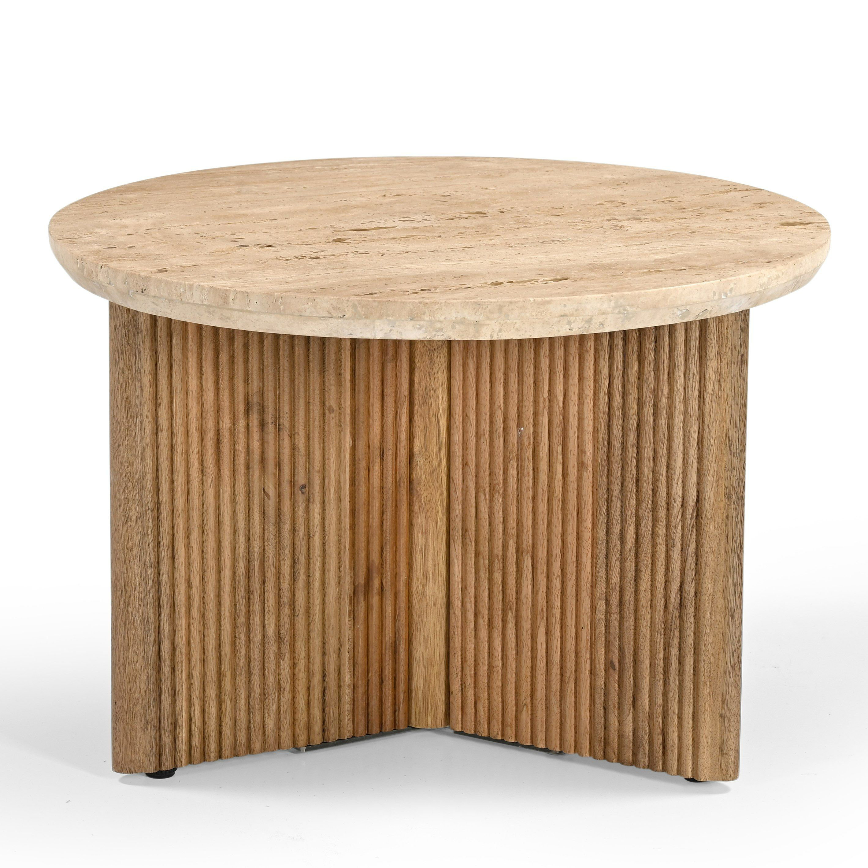 VIG Furniture Pawnee - Modern Travertine Marble + Wood Round End Table ...