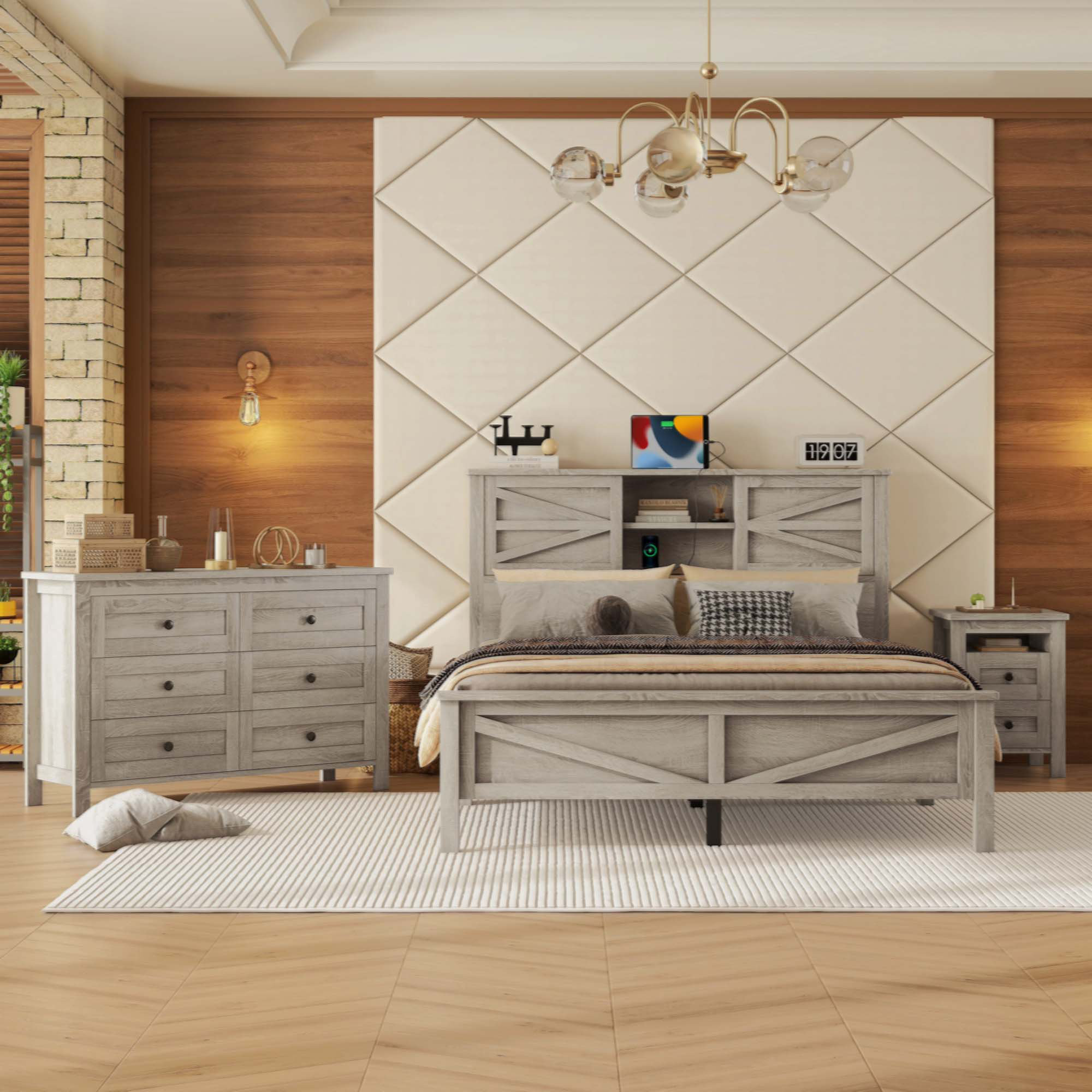 David 3-Pieces Bedroom Sets Farmhouse Platform Bed With Double Sliding ...