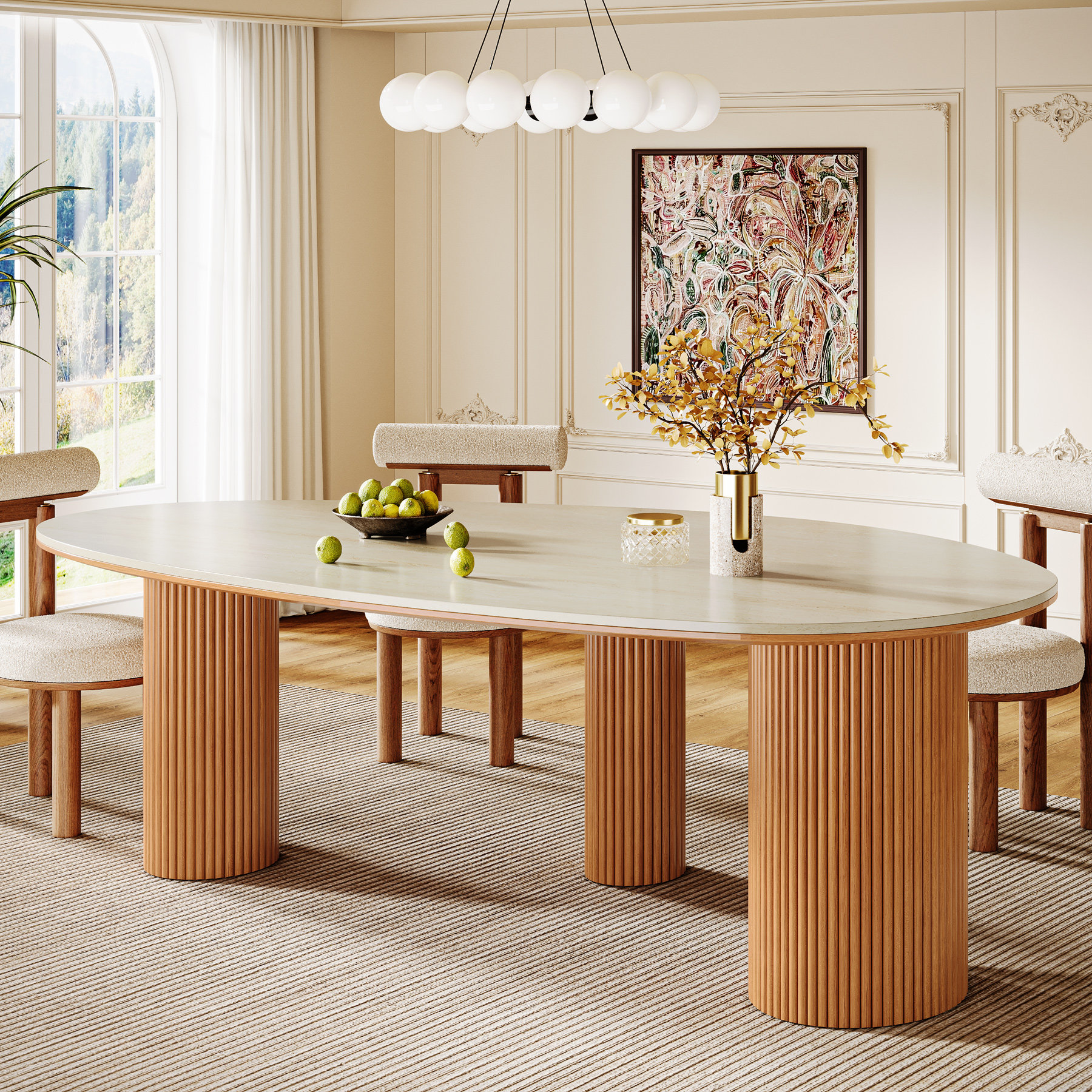 Ivy Bronx Oval -Shaped 86" Stone Dining Table For 6 People With Three ...