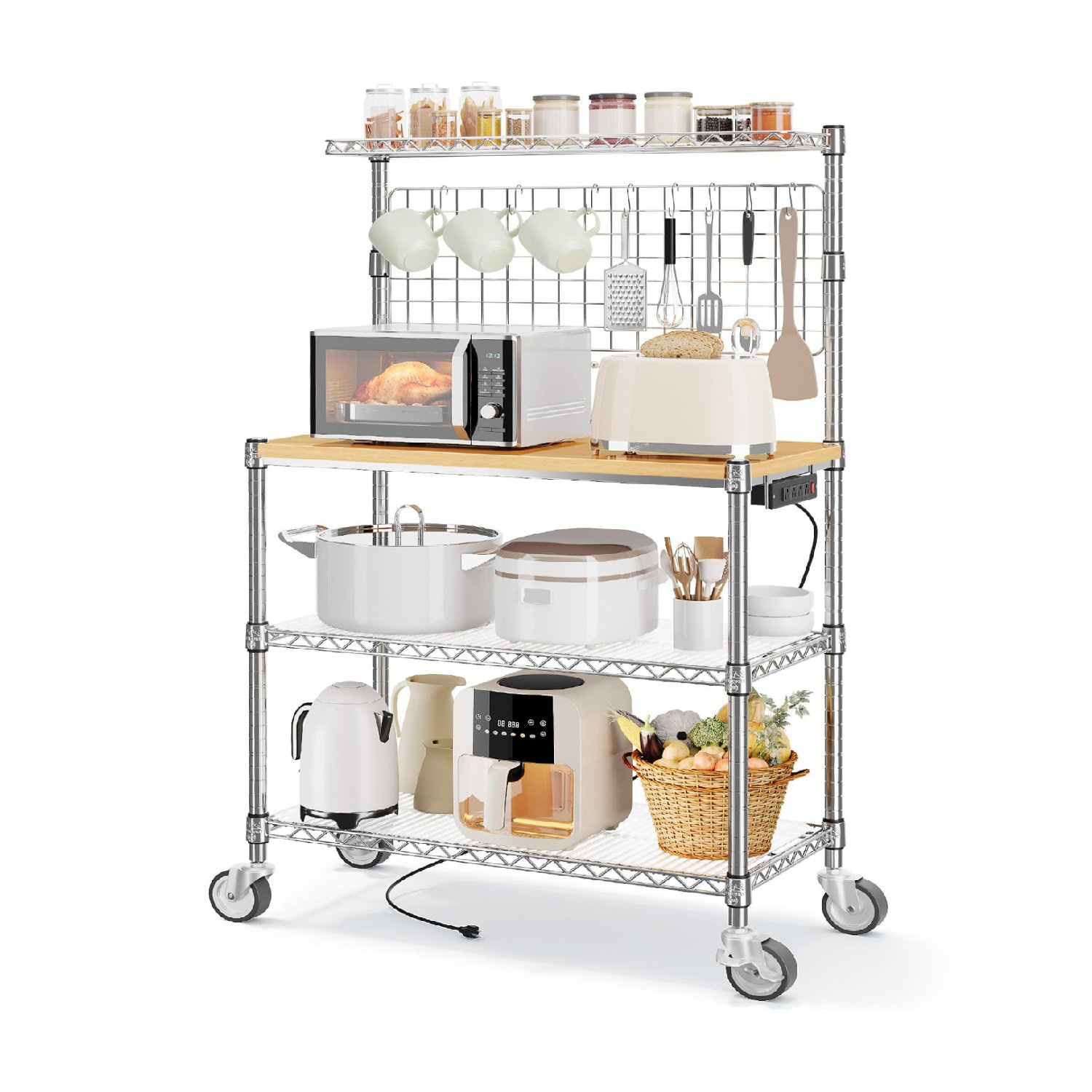 Hokku Designs 36" Bakers Rack With Storage, Wheels & 20 S-Hooks, 4-Tier ...