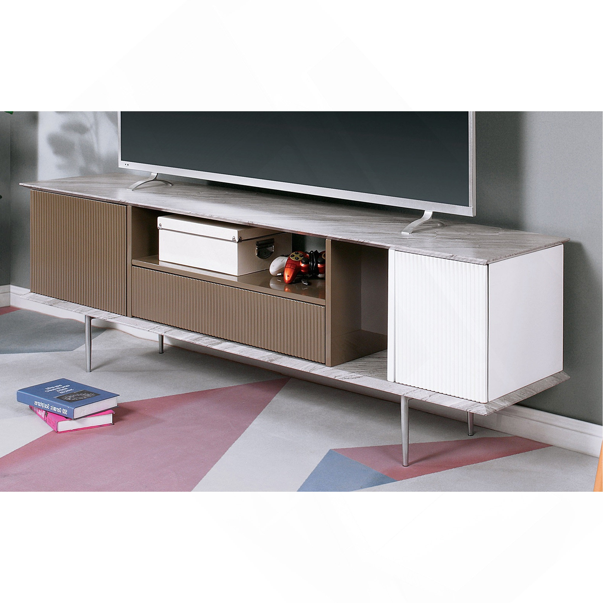 Orren Ellis Modern Contemporary TV Console With Open Shelves, Drawer ...