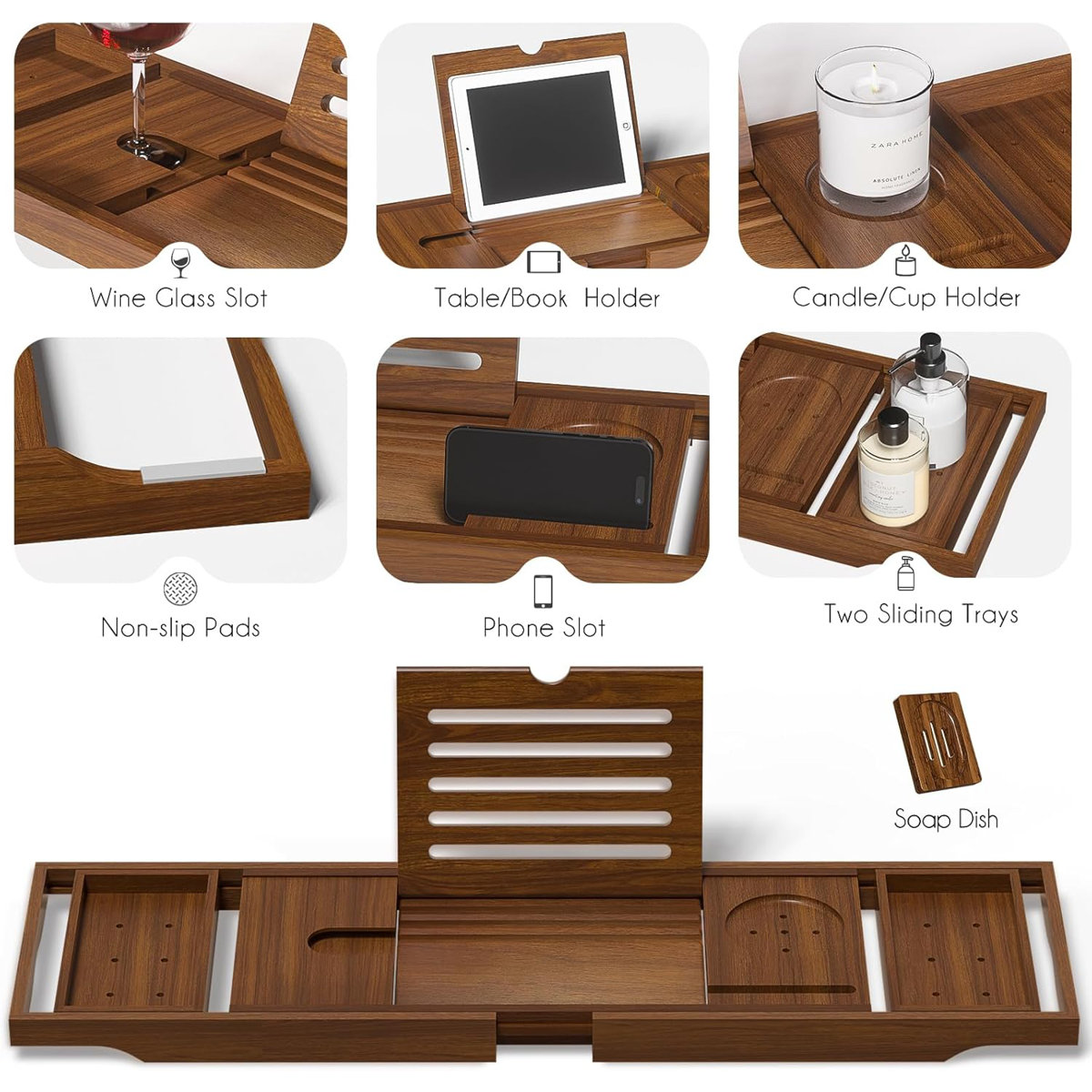 HUDSON & ASHTON LLC Modern Expandable Teak Bathtub Tray, Non-slip and ...