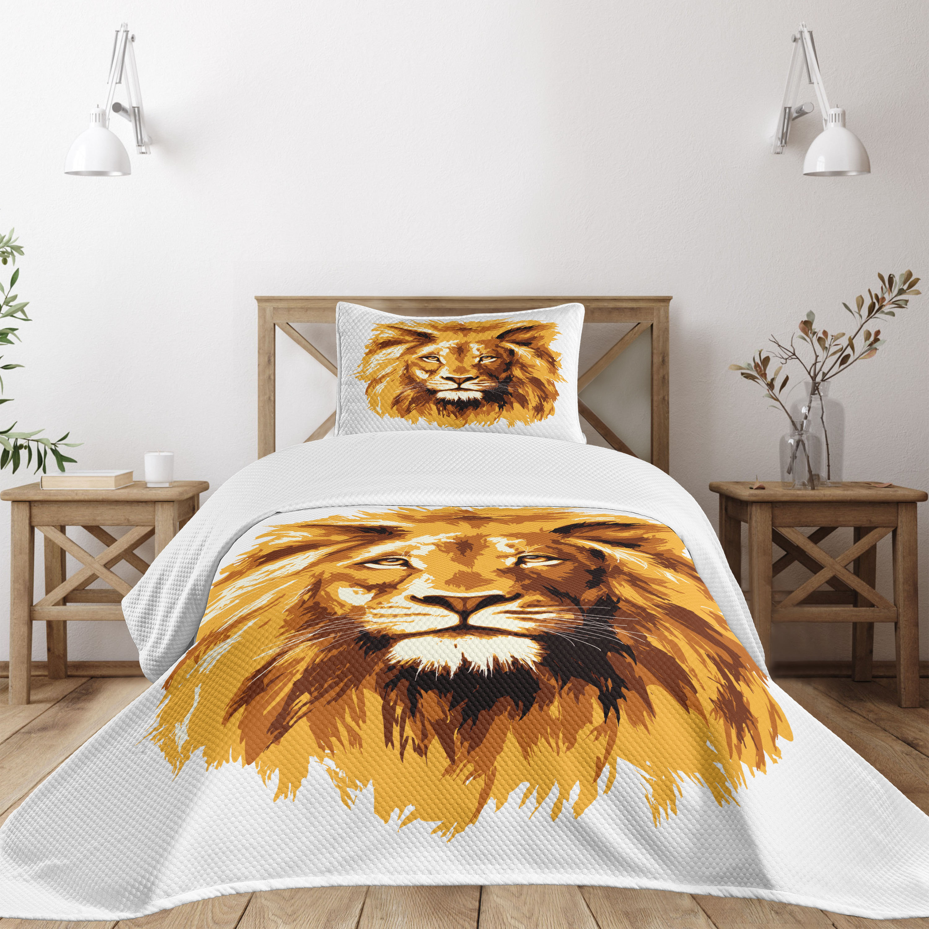 Ambesonne Africa Bedspread Set Tropics Savannah Lion Art Orange and ...