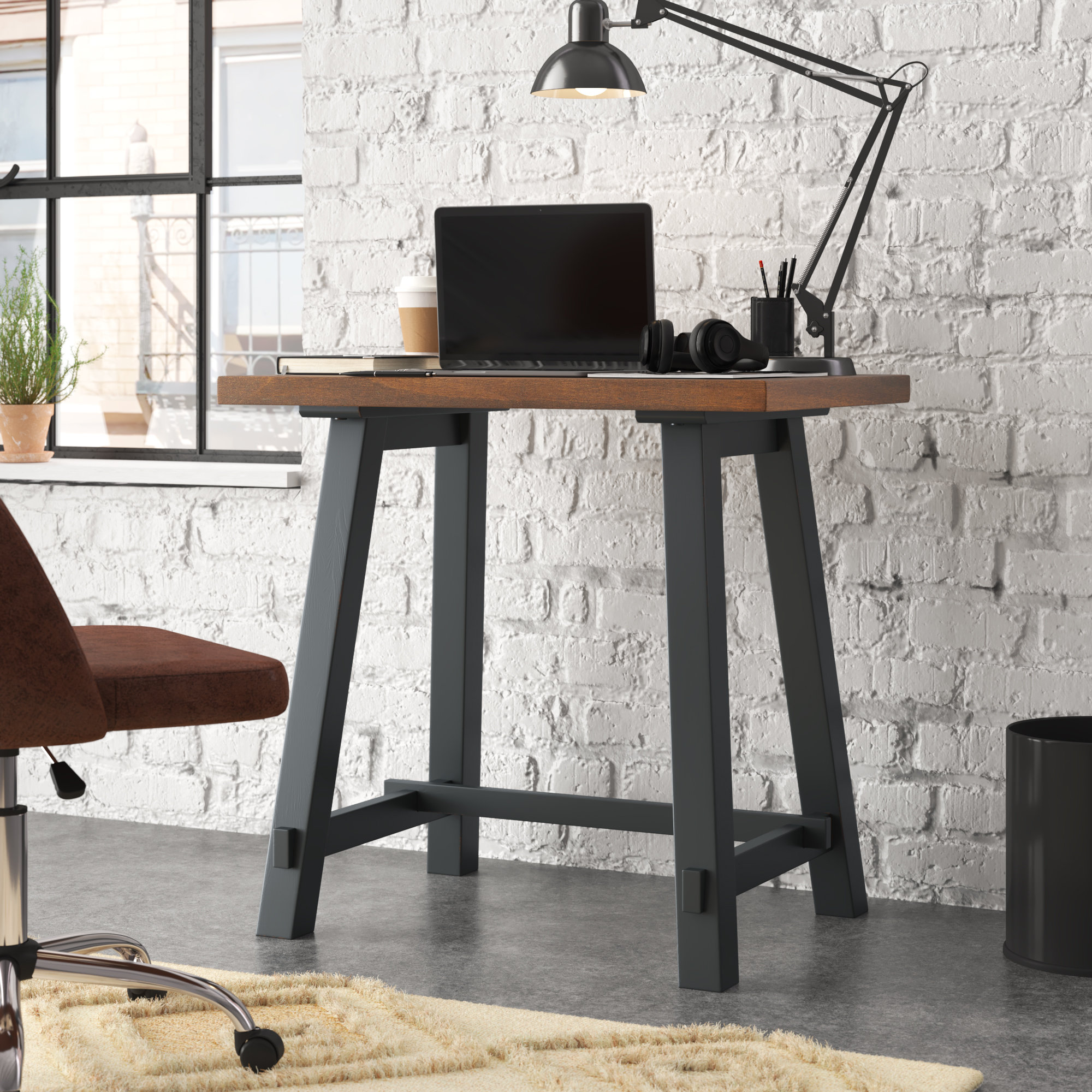 Millwood Pines Adam Rustic Industrial Solid Wood Small Desk & Reviews ...