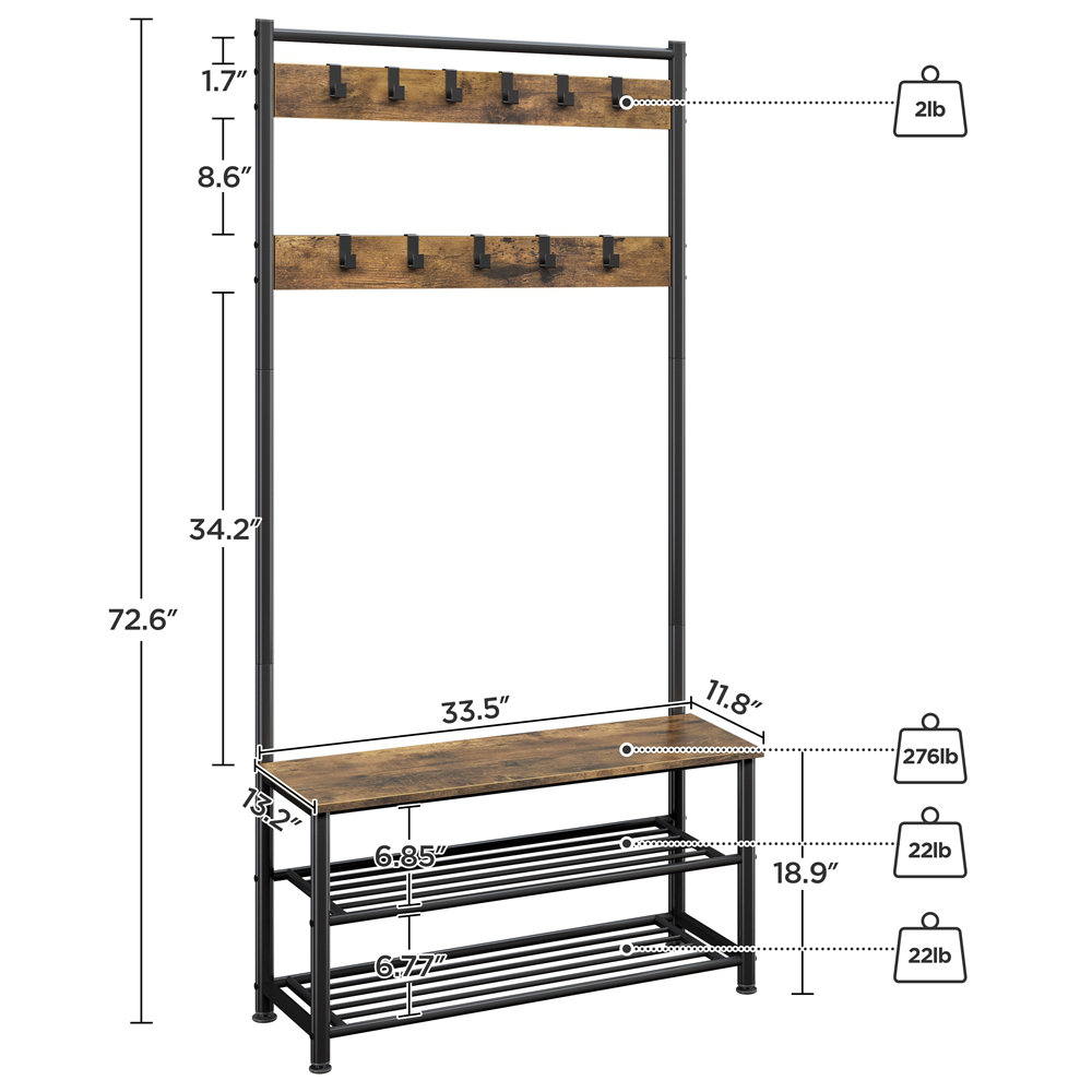17 Stories 73” H Metal Hall Tree Entryway Coat Rack with Shoe Storage ...