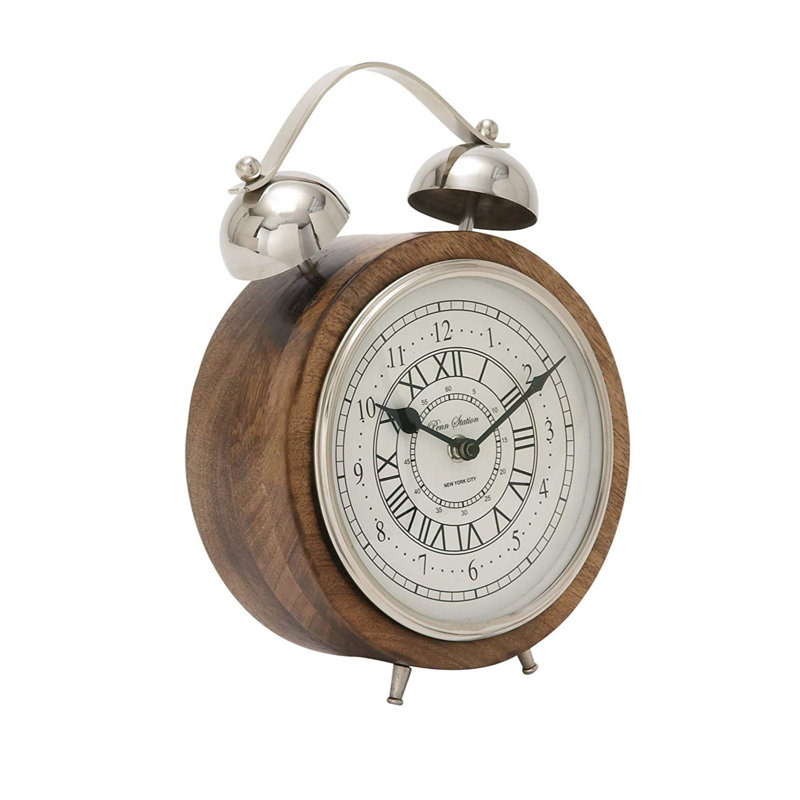 Novogratz Mango Wood Decorative Brown Clock with Bell Style Top | Wayfair