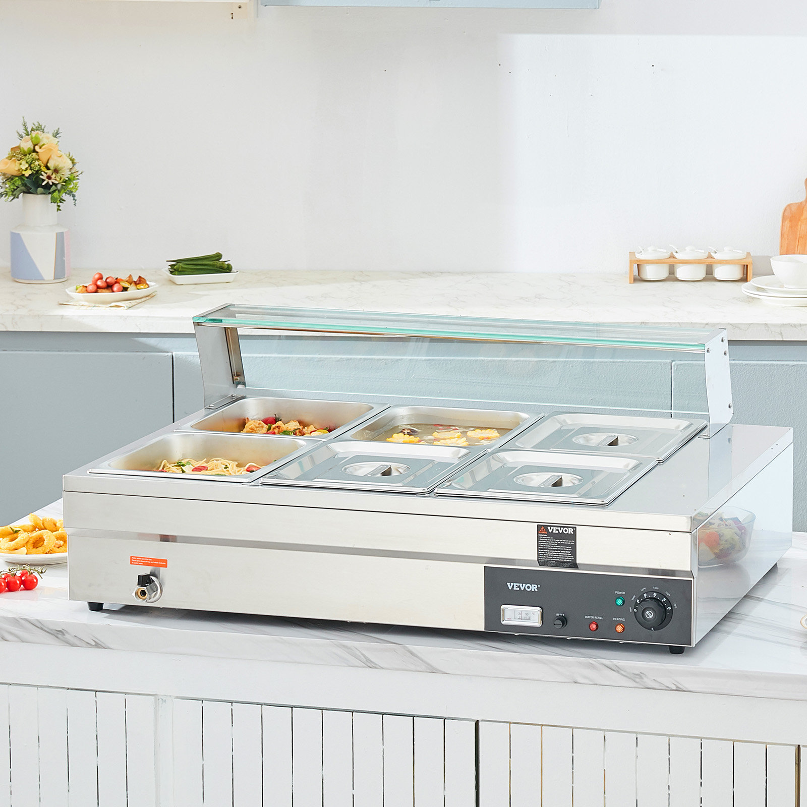 VEVOR 6 Pan 72 Quarts Commercial Food Warmer with Tempered Glass Cover ...