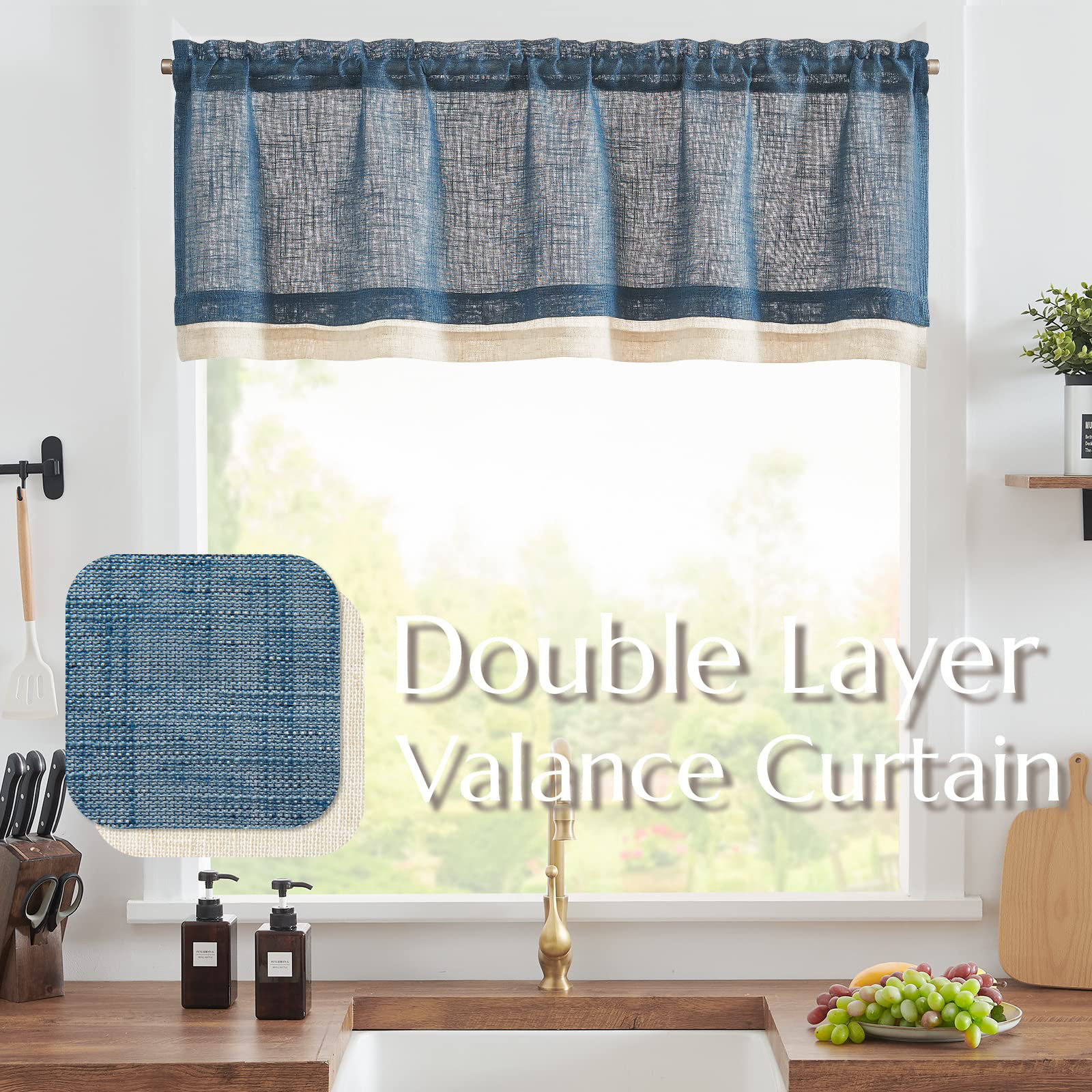 Latitude Run® Linen Farmhouse Rod Pocket Double Layer Valance Kitchen ...
