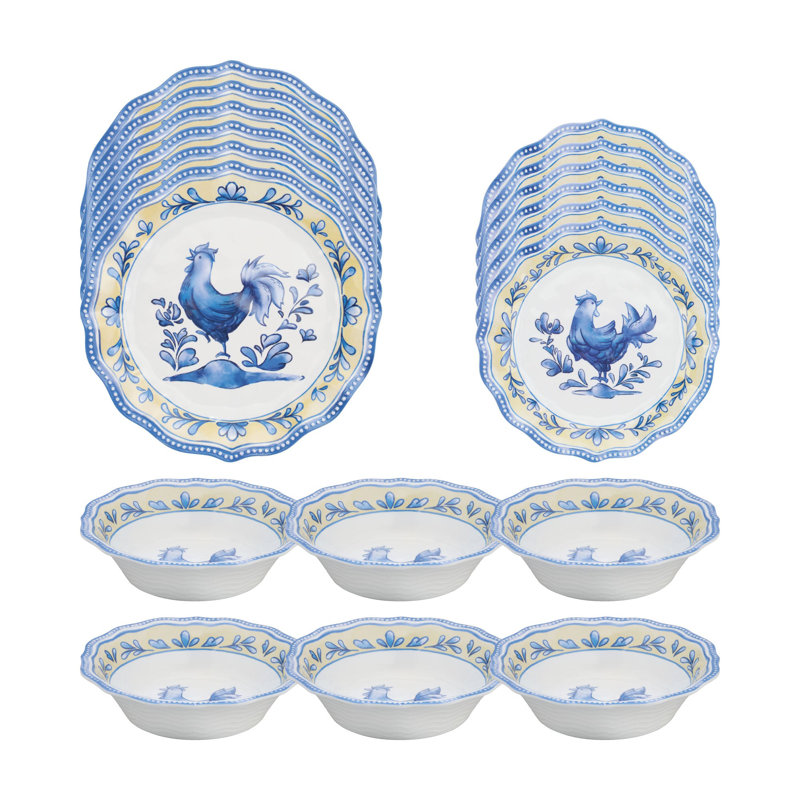August Grove® Blue Rooster 18 Piece Melamine Dinnerware Set Plate and ...