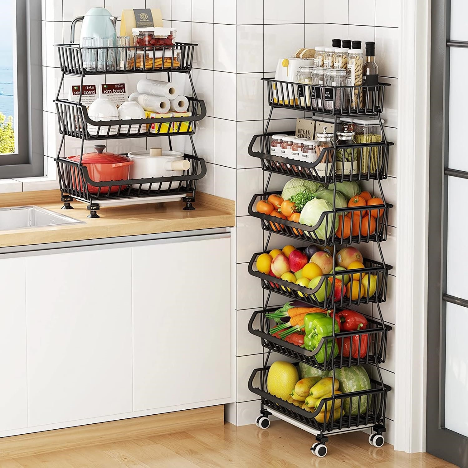EXEBIL Fruit Vegetable Storage Basket with Wheels, 6 Tier Stackable ...