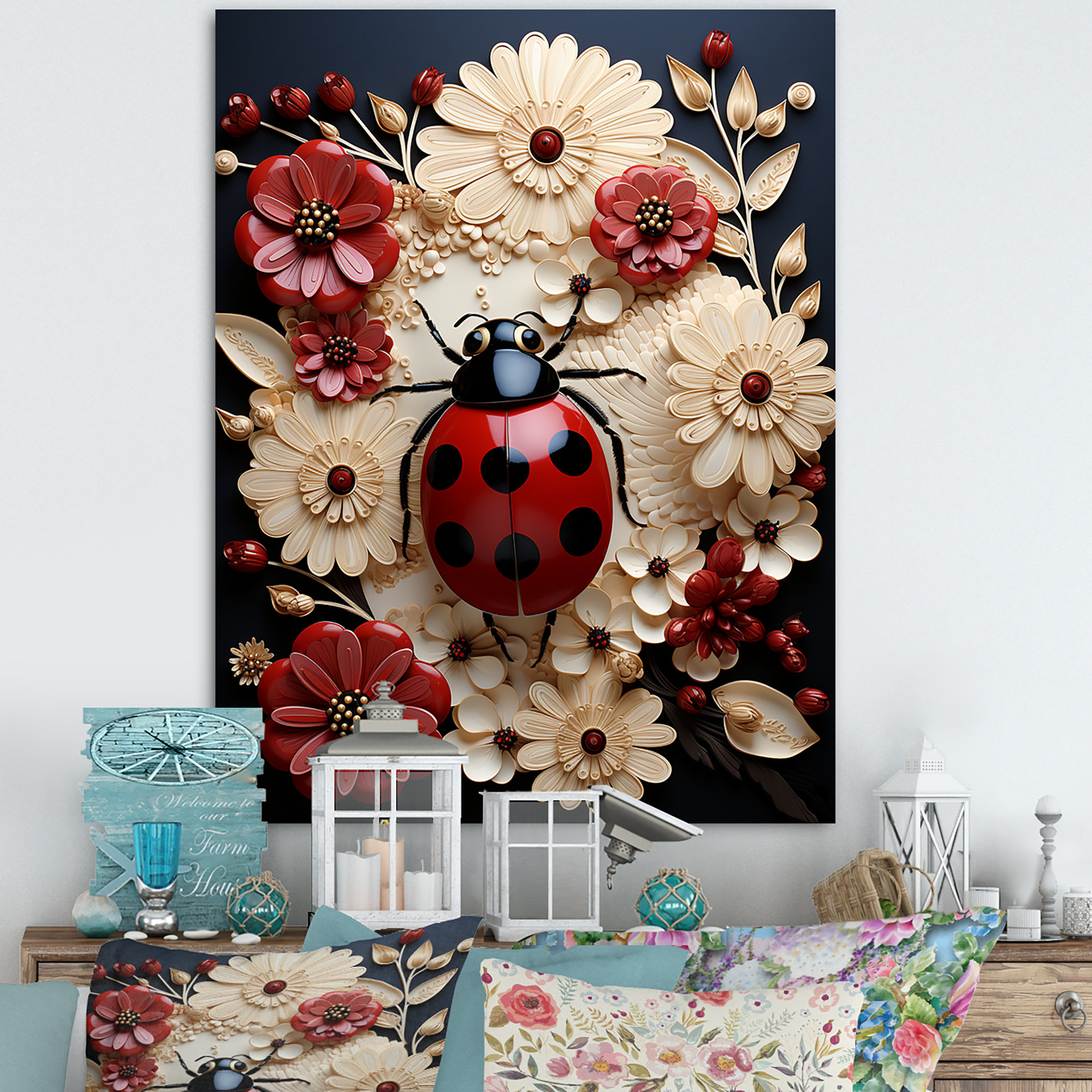 August Grove® Curious Paper Mache Ladybug Garden On Canvas Print | Wayfair