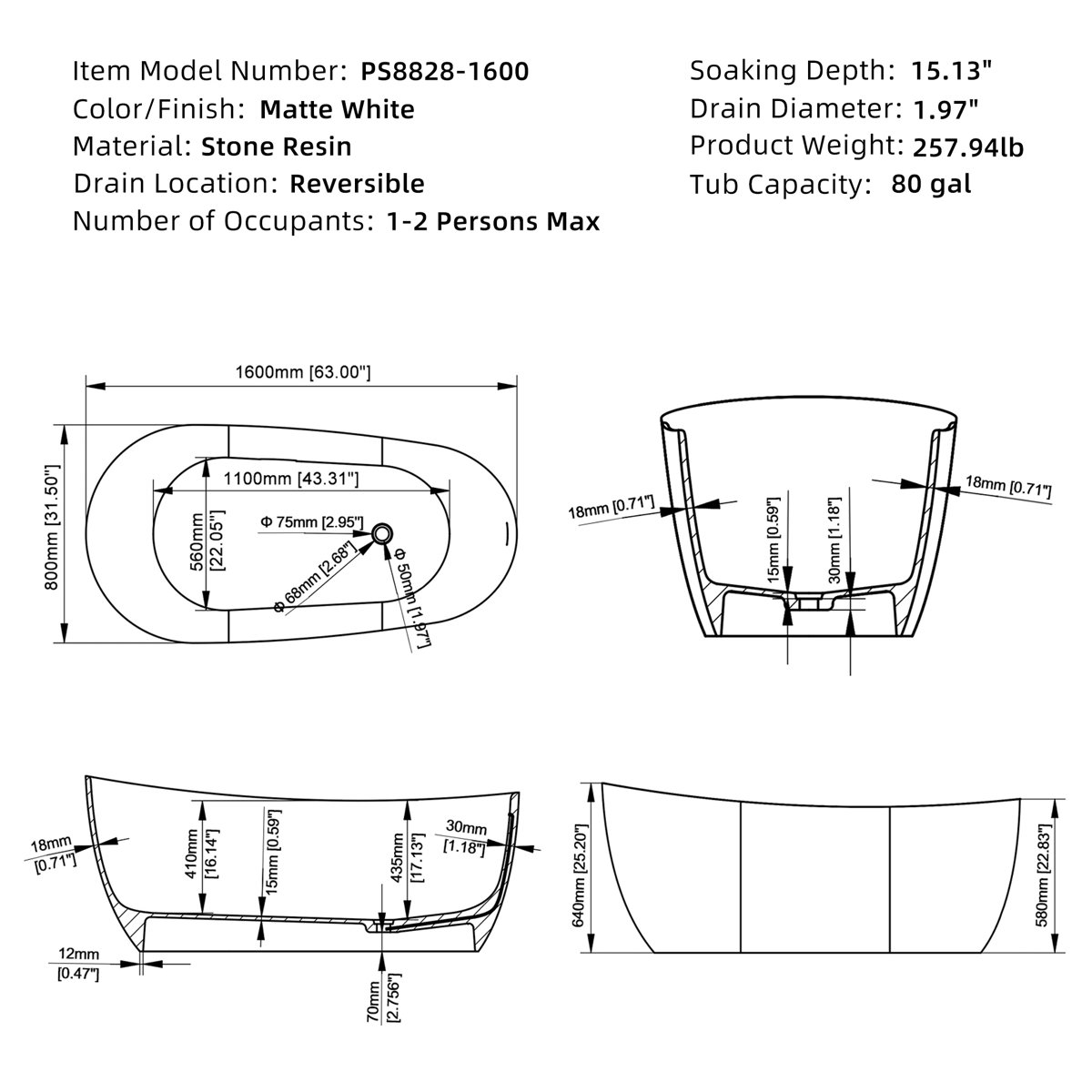 Pensen 63'' x 31.5'' Freestanding Soaking Solid Surface Bathtub | Wayfair