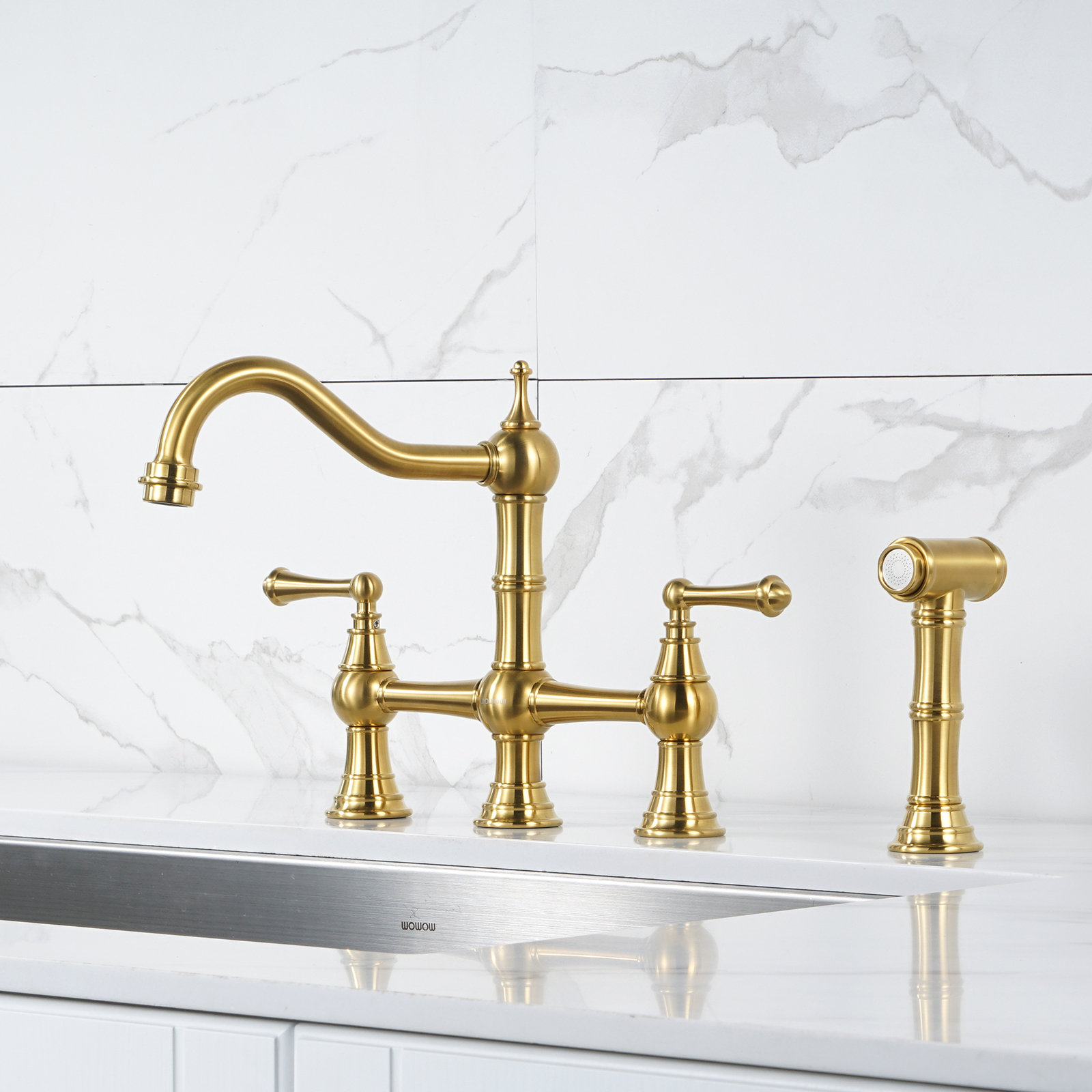 WOWOW Heritage Brass Bridge Kitchen Faucet with Sprayer, 4 Hole Kitchen ...