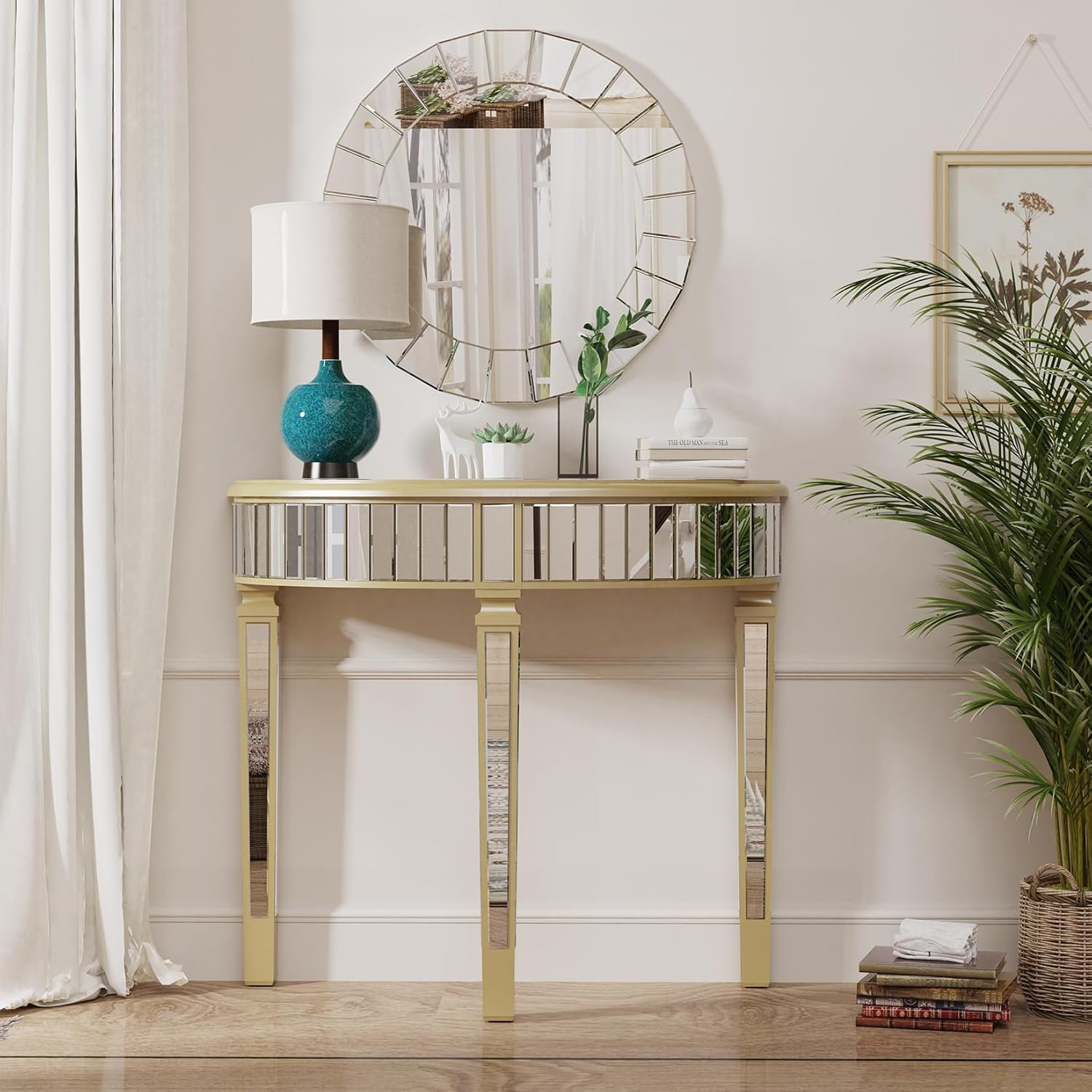Everly Quinn Art Deco Half-Moon Mirrored Console Table With Beveled ...