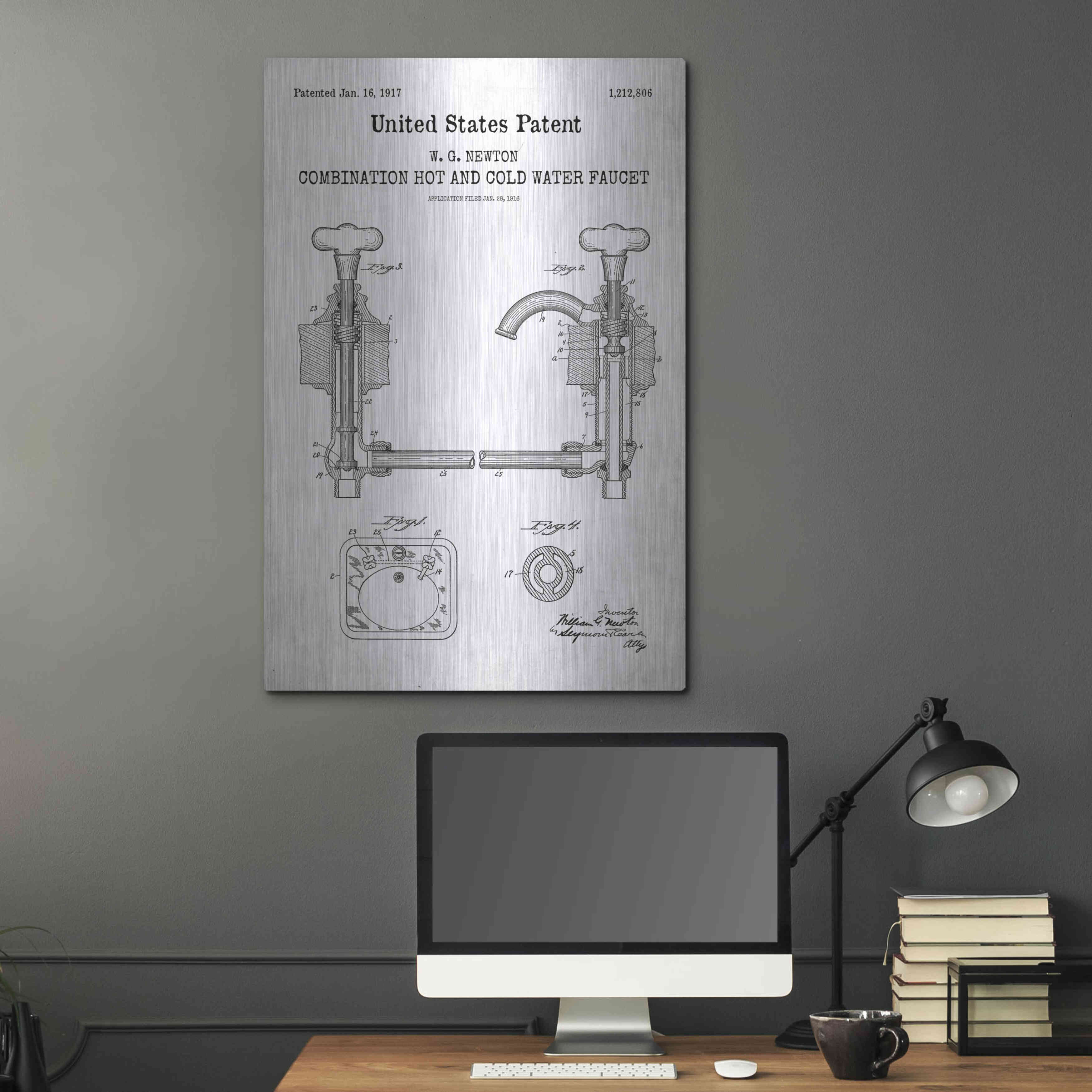 Williston Forge 'Faucet Blueprint Patent White' Acrylic Glass Wall Art ...